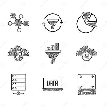 Set Sales Funnel with Chart, Data Analysis, Server, Cloud Computing Lock, and Shield, Pie ...