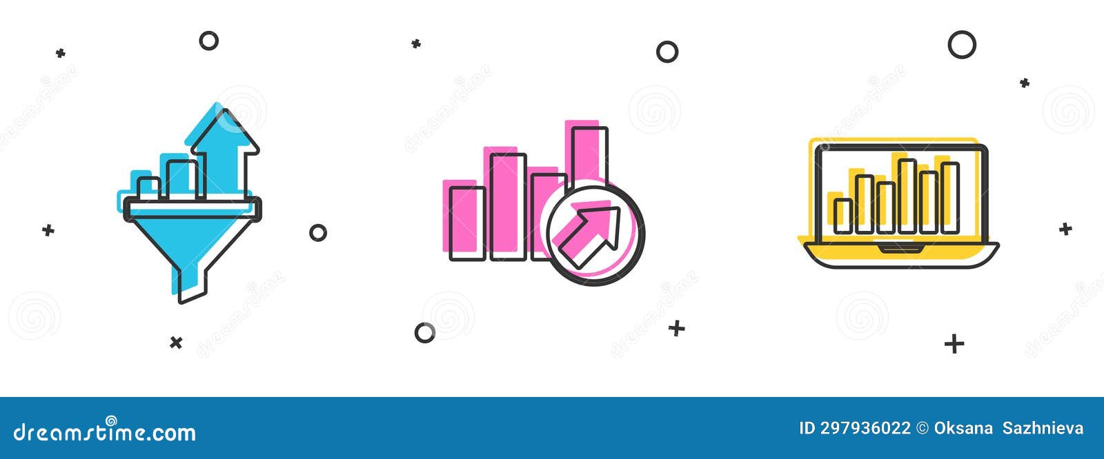 Set Sales Funnel with Chart, Financial Growth and Laptop Graph Icon. Vector Stock Illustration ...