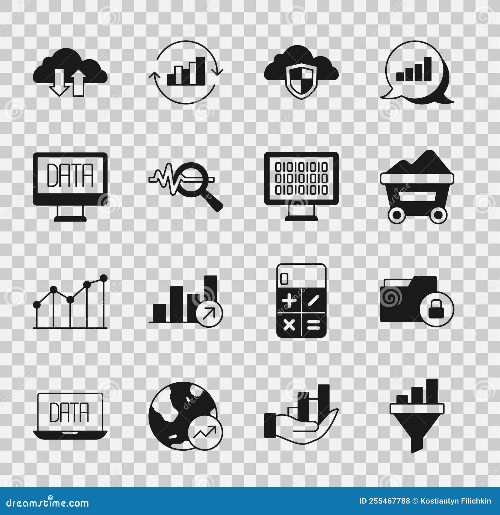 Set Sales Funnel with Chart, Folder and Lock, Coal Mine Trolley, Cloud Shield, Search Data ...