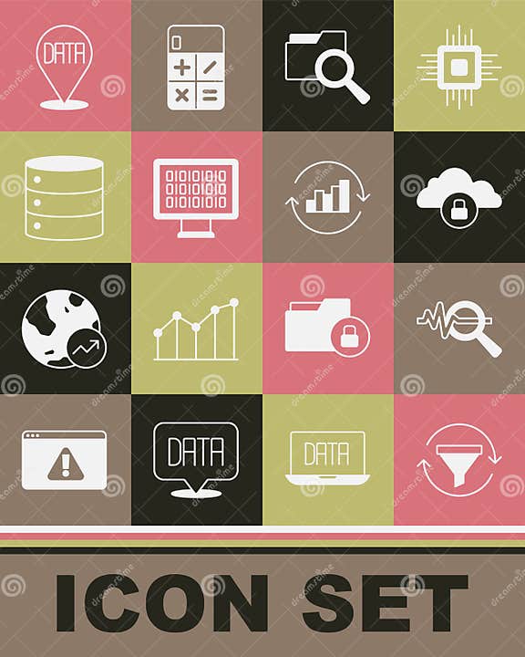 Set Sales Funnel with Chart, Search Data Analysis, Cloud Computing Lock, Folder, Binary Code ...