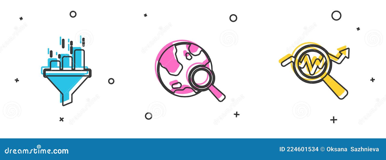 Set Sales Funnel with Chart, Search Globe and Data Analysis Icon ...