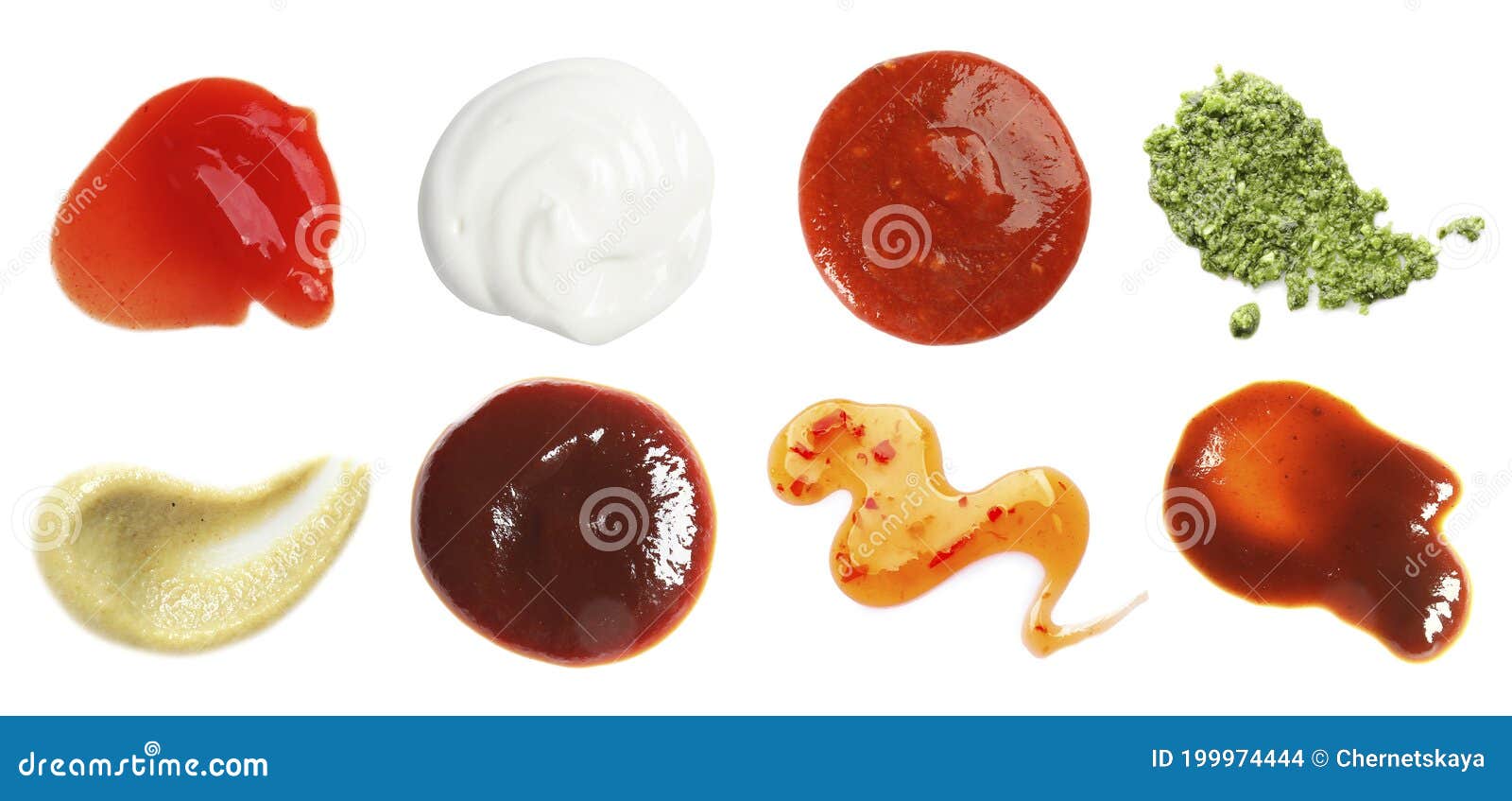 Set with Samples of Different Sauces on White Background Stock Photo ...