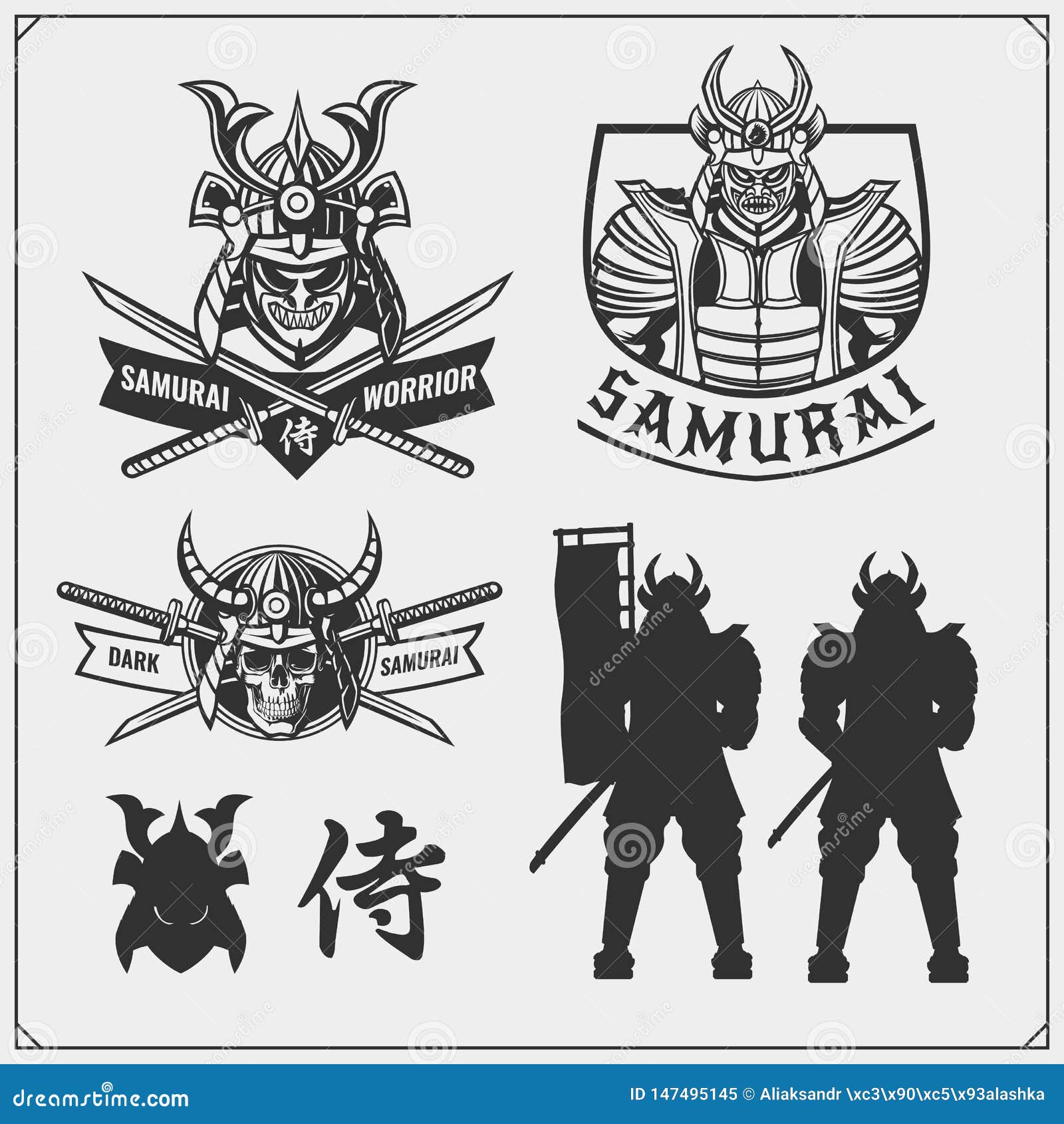 Set of Samurai Warrior Masks, Armor and Weapon. Japanese Warrior ...