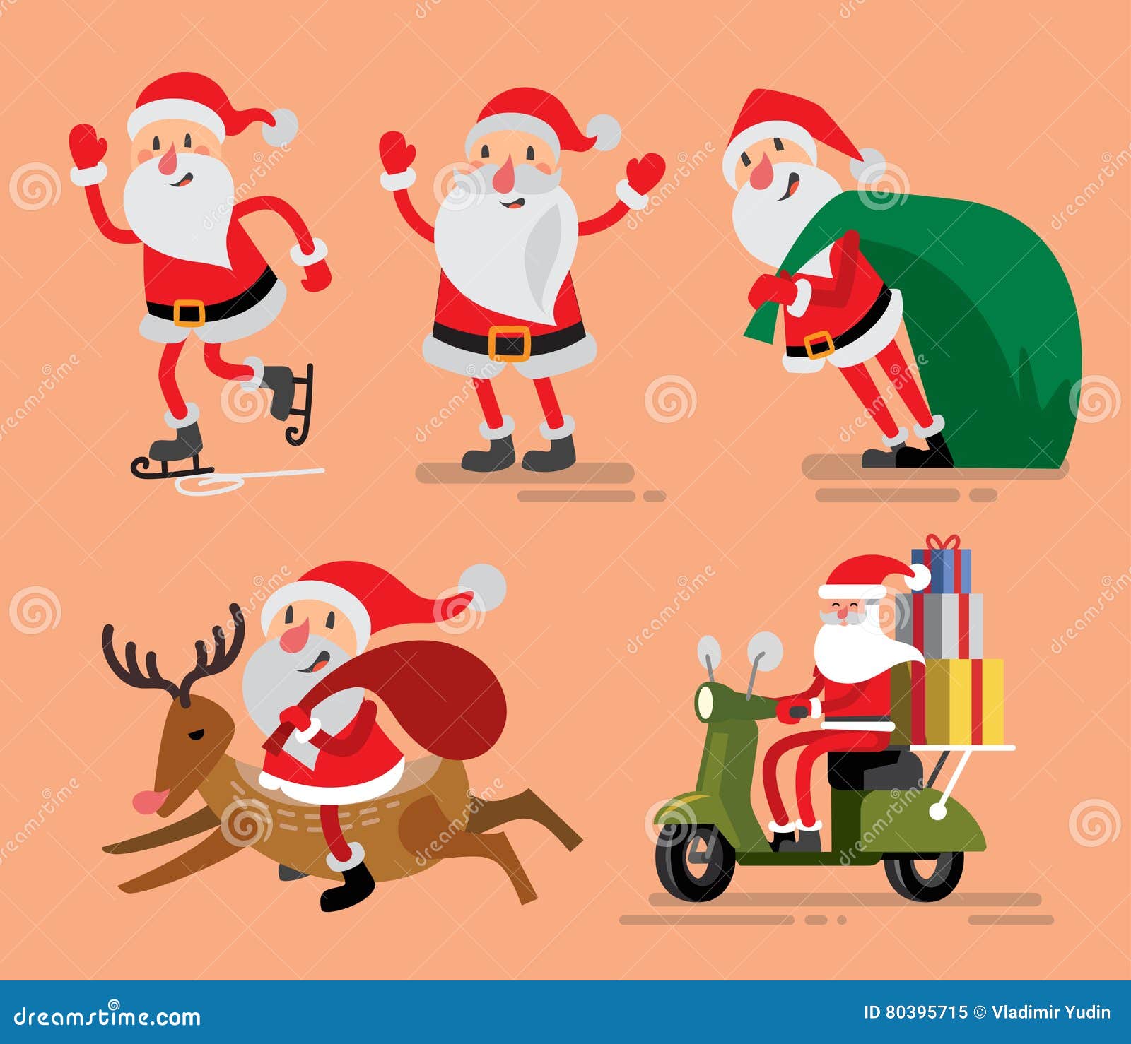 Set of Santa Claus and Deer Stock Vector - Illustration of happy ...