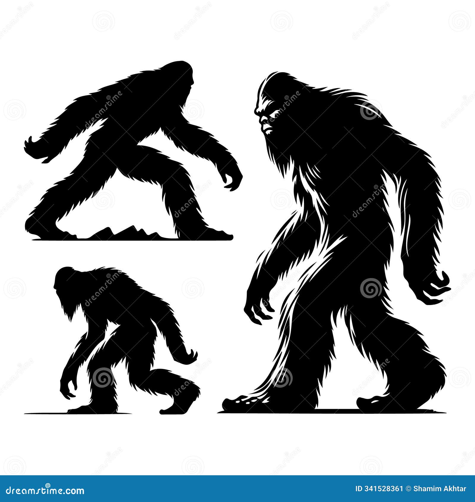 Set of Sasquatch Silhouettes Isolated on a White Background, Vector ...