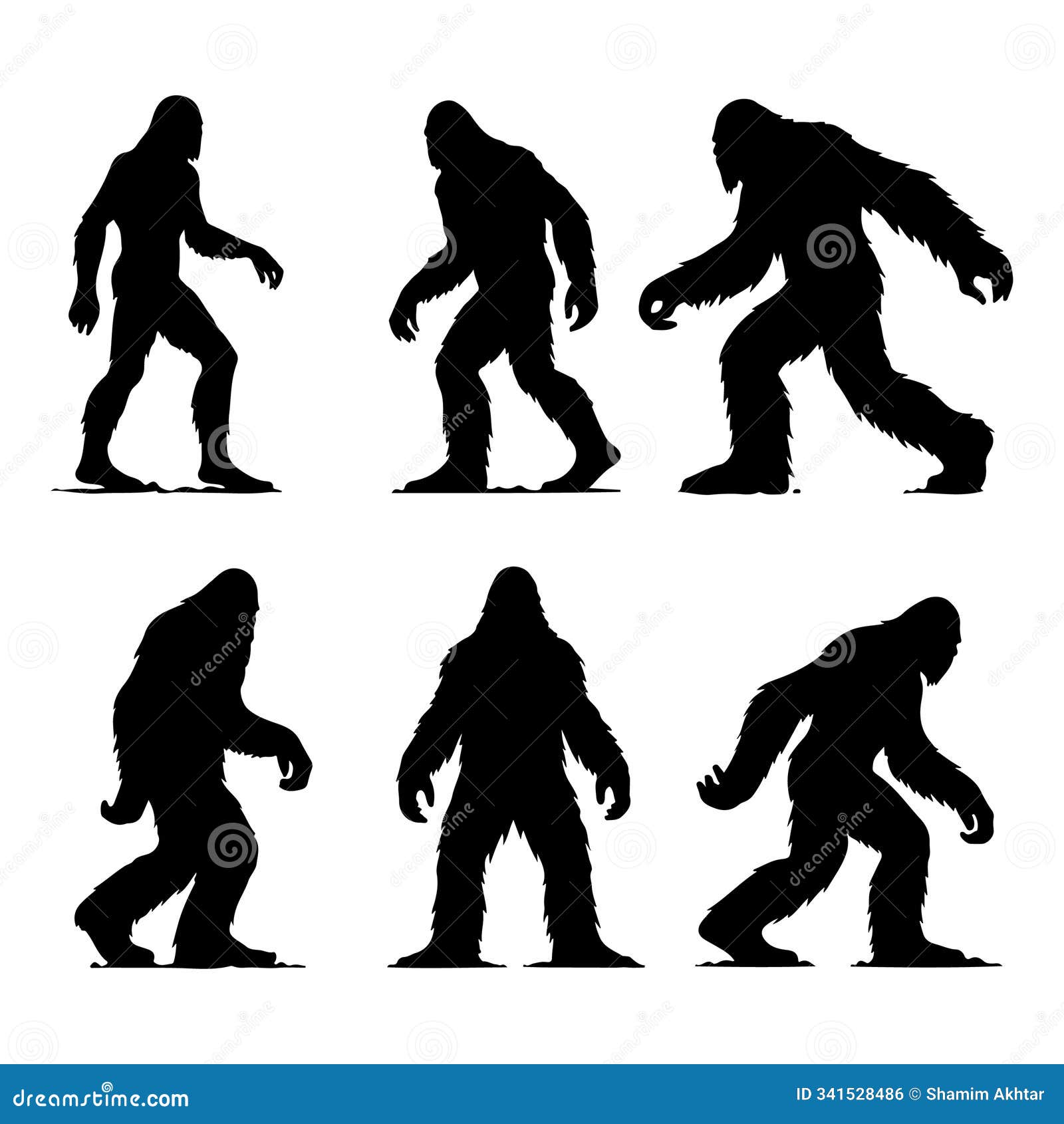 Set of Sasquatch Silhouettes Isolated on a White Background, Vector ...