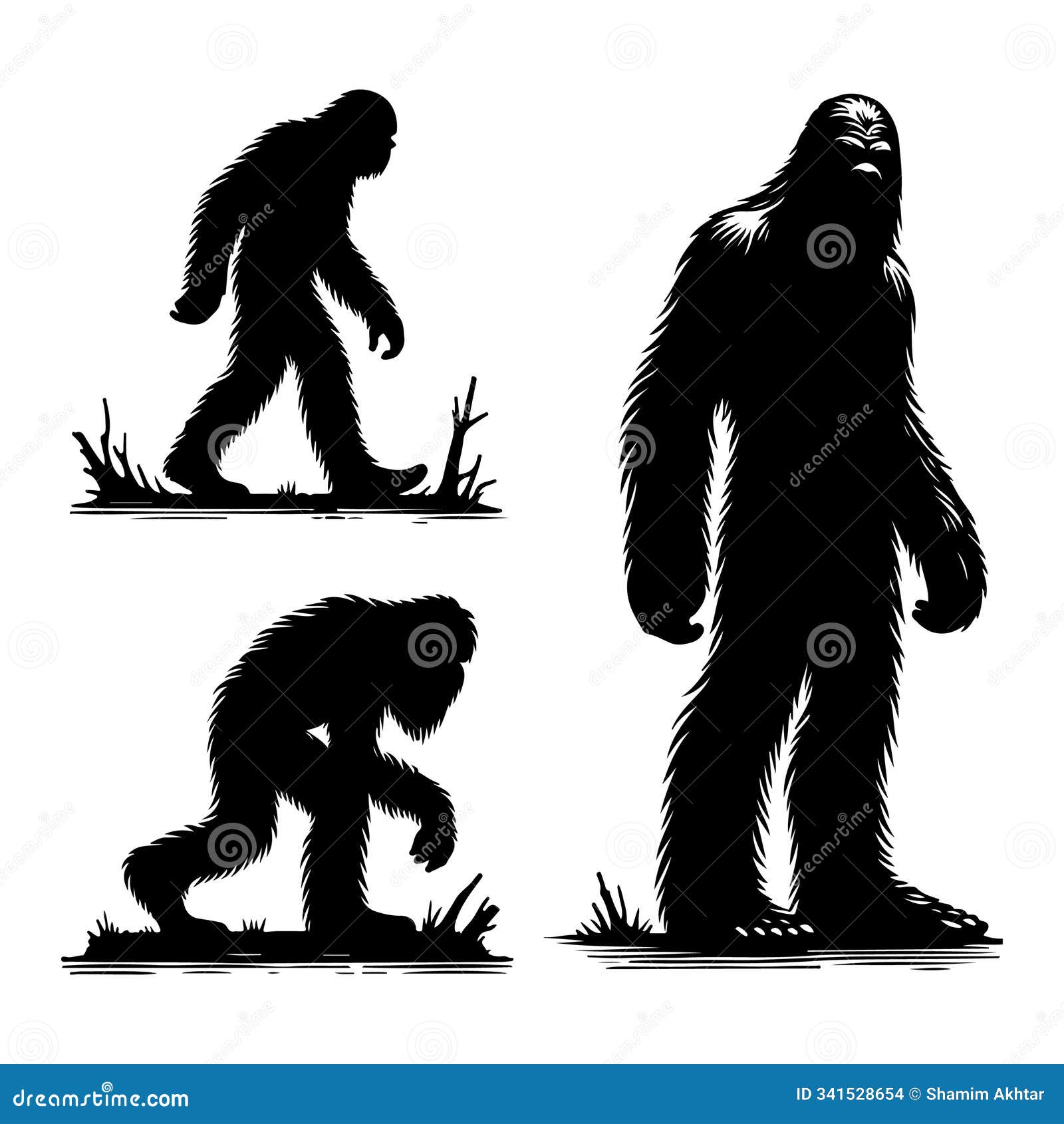 Set of Sasquatch Silhouettes Isolated on a White Background, Vector ...