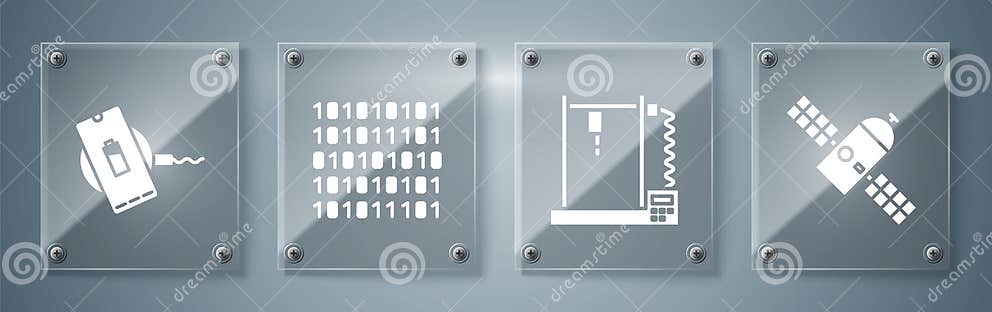 Set Satellite, 3D Printer, Binary Code and Wireless Charger. Square ... Set Satellite, 3D Printer, Binary Code and Wireless Charger. Square ...