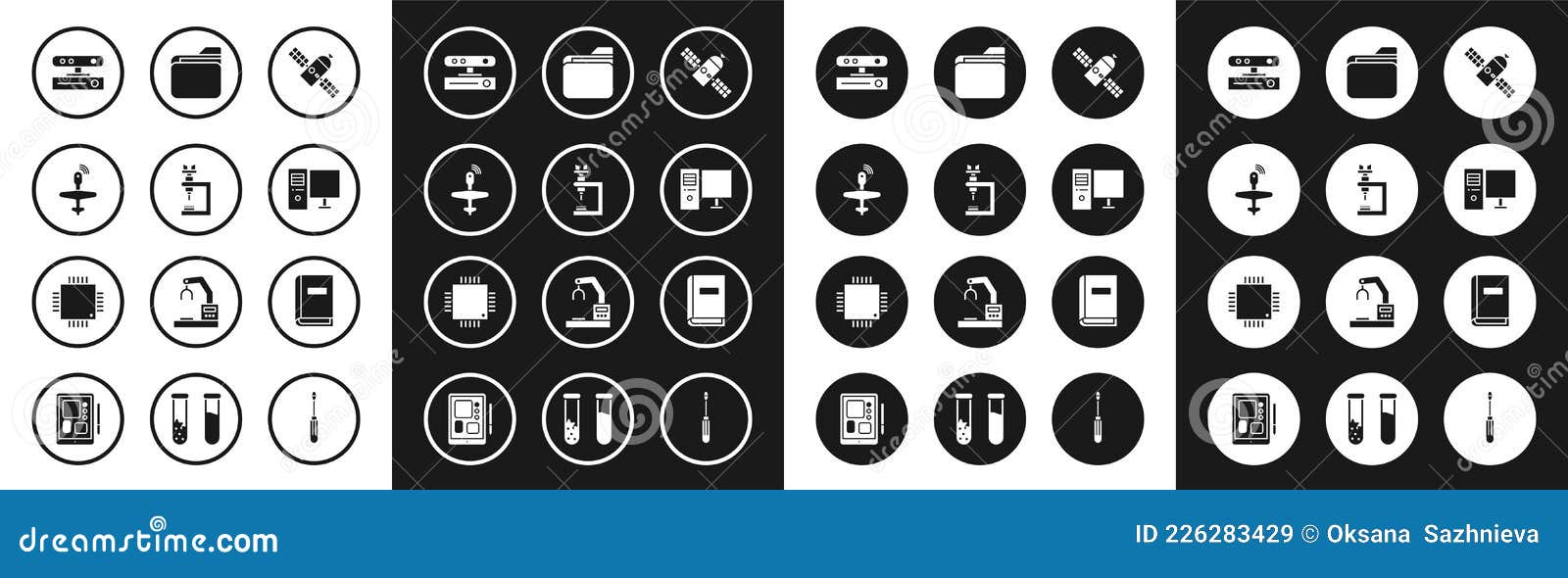Set Satellite, Microscope, UAV Drone, Motion Sensor, Computer Monitor, Document Folder, User ...
