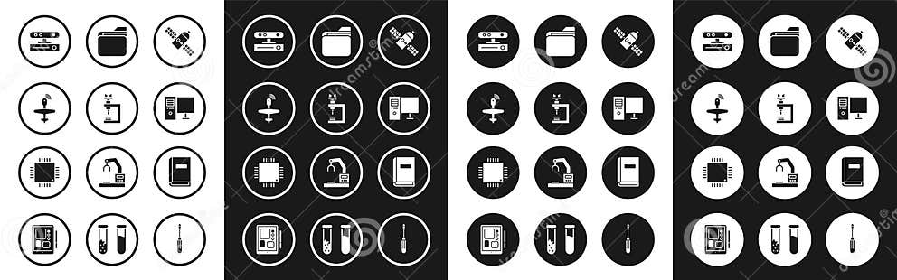 Set Satellite, Microscope, UAV Drone, Motion Sensor, Computer Monitor, Document Folder, User ...