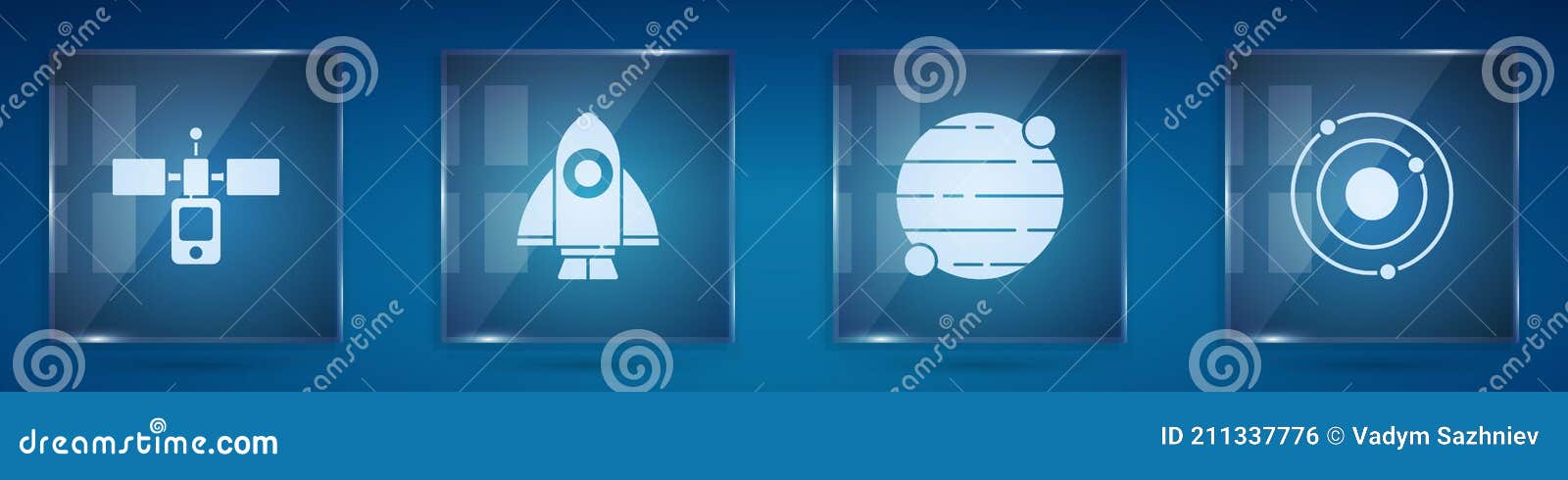 Set Satellite, Rocket Ship, Planet and Solar System. Square Glass ...