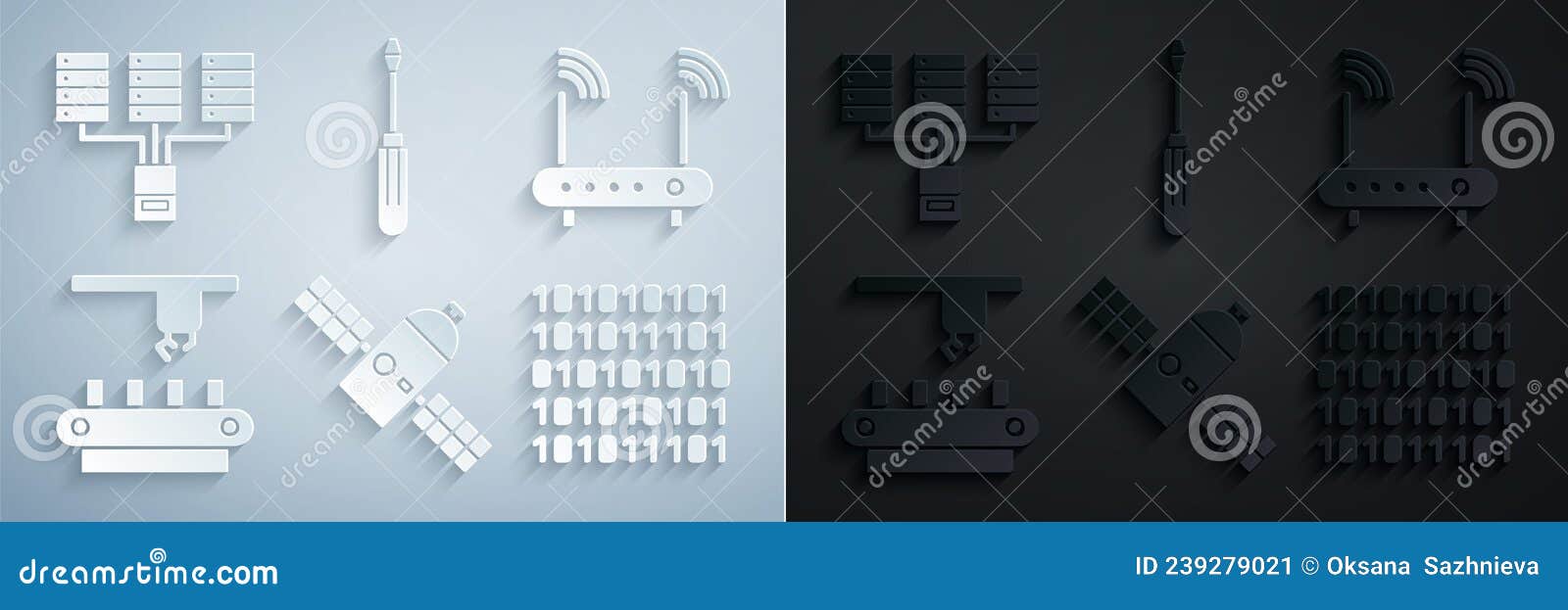 Set Satellite, Router and Wi-fi Signal, Factory Conveyor System Belt, Binary Code, Screwdriver ...