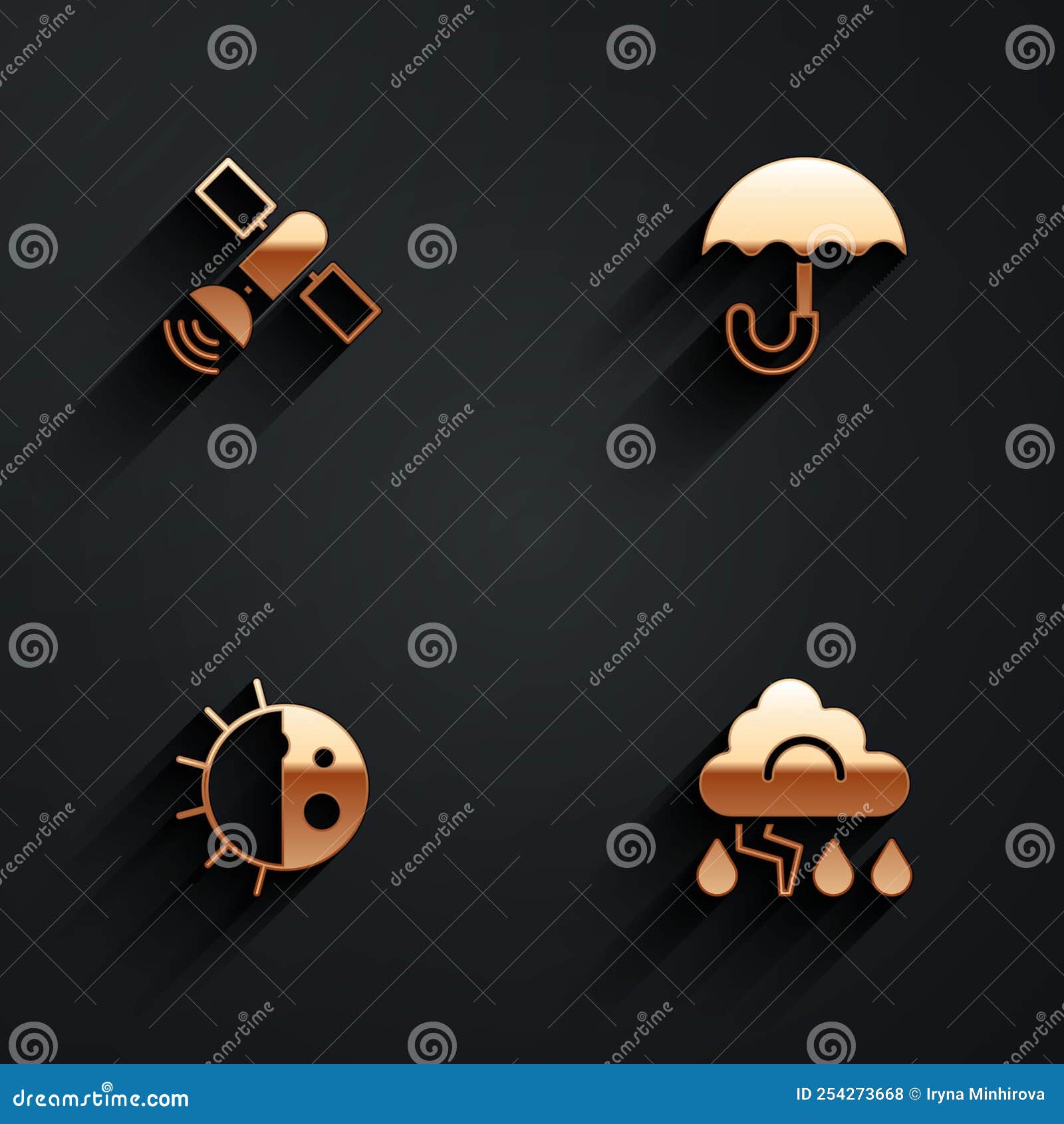 Set Satellite, Umbrella, Day Night Cycle and Cloud and Lightning Icon ...