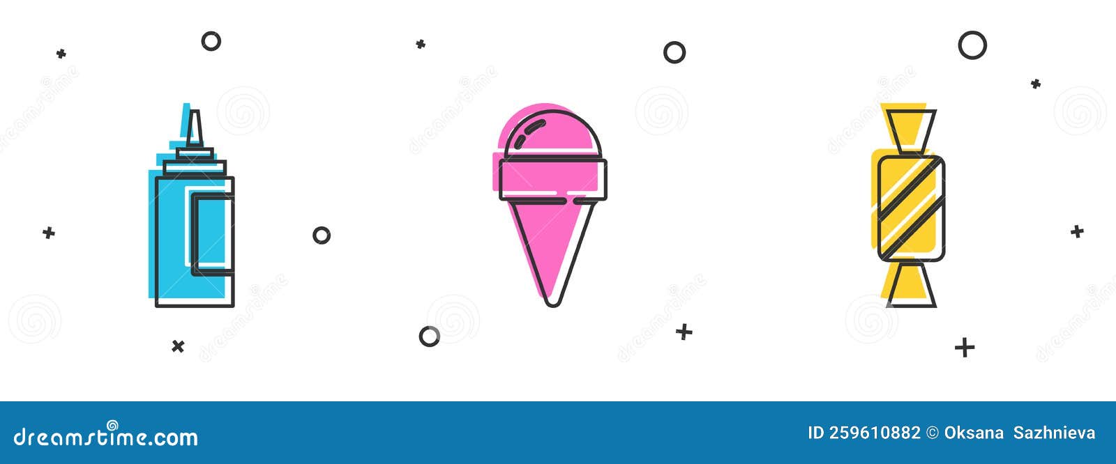 Set Sauce Bottle Ice Cream In Waffle Cone And Candy Icon Vector Stock