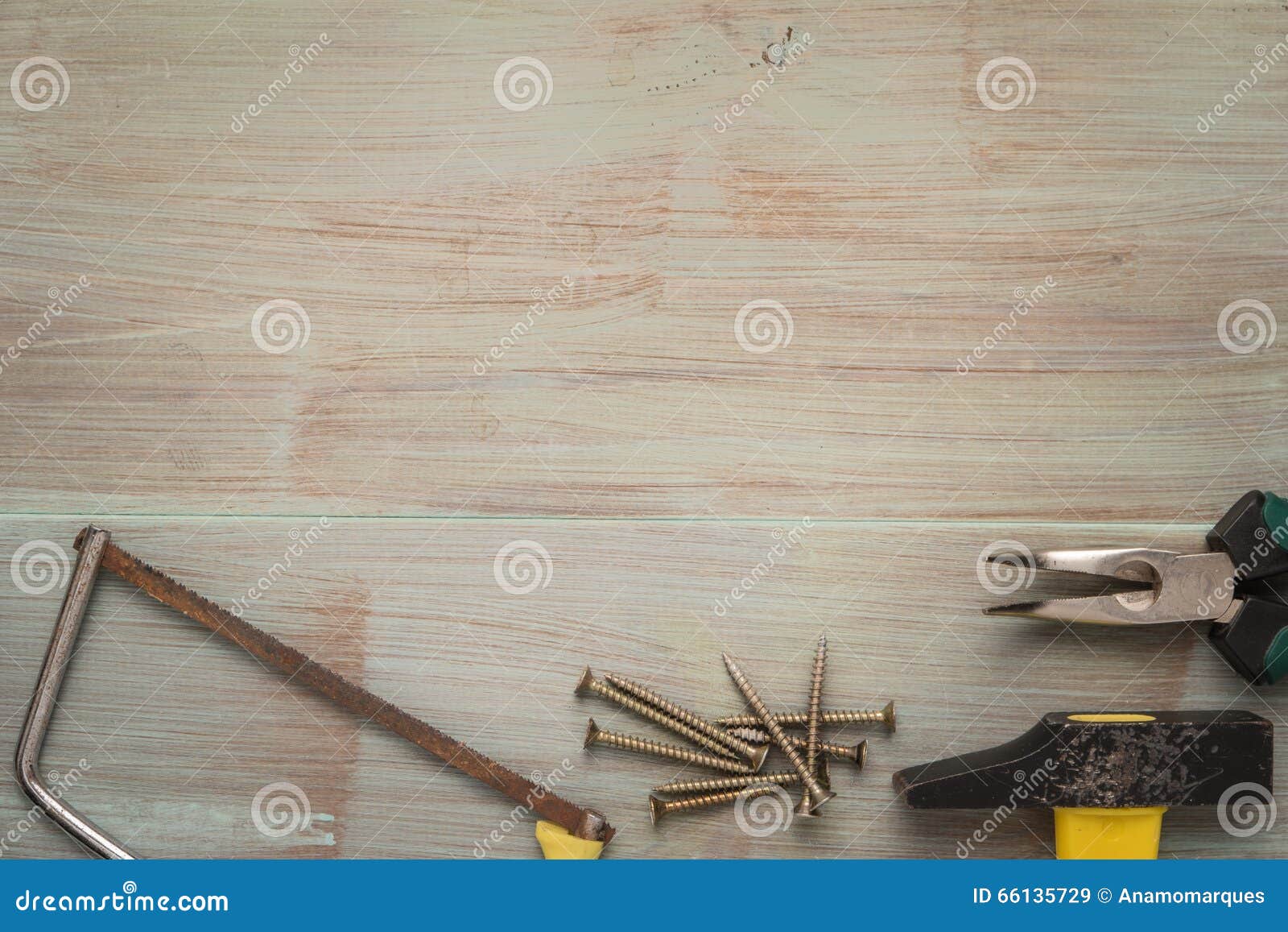 Set of Saw, Plier, and Hammer. Tools Over a Wood Panel Stock Image ...