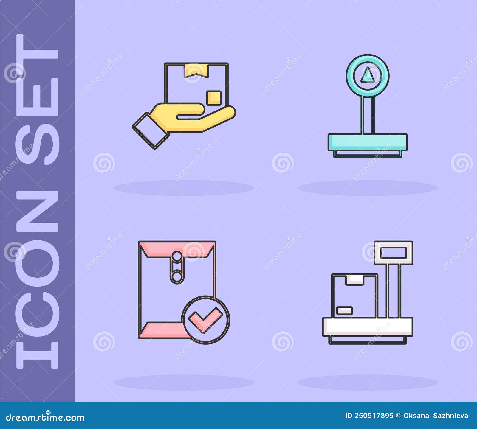 Set Scale with Cardboard Box, Delivery Hand, Envelope Check Mark and ...