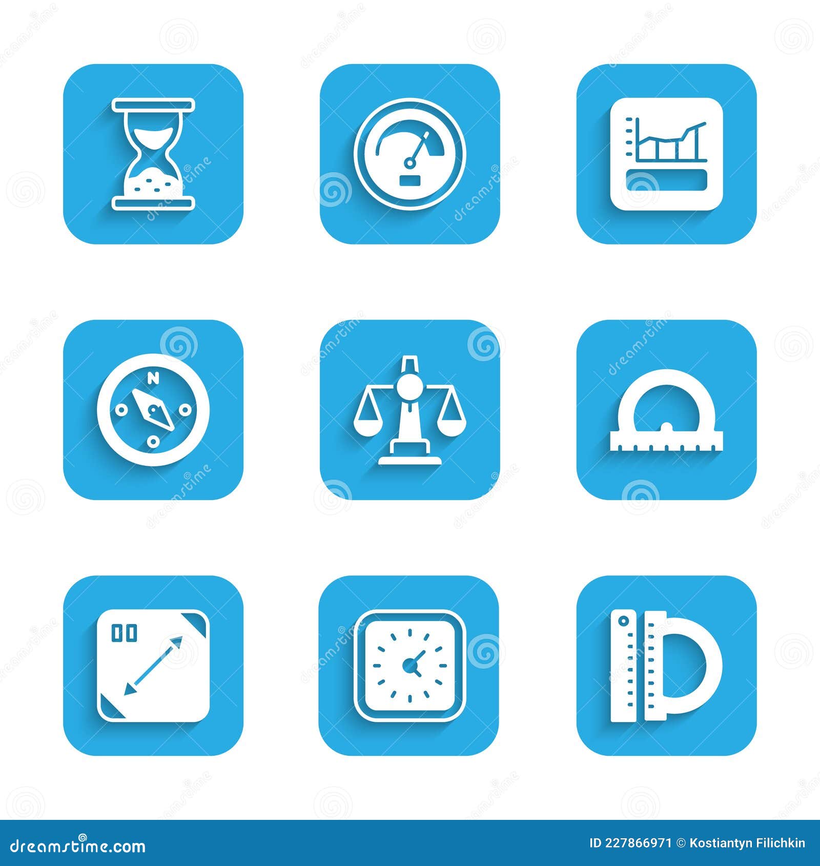Set Scales of Justice, Clock, Protractor and Ruler, Diagonal Measuring ...