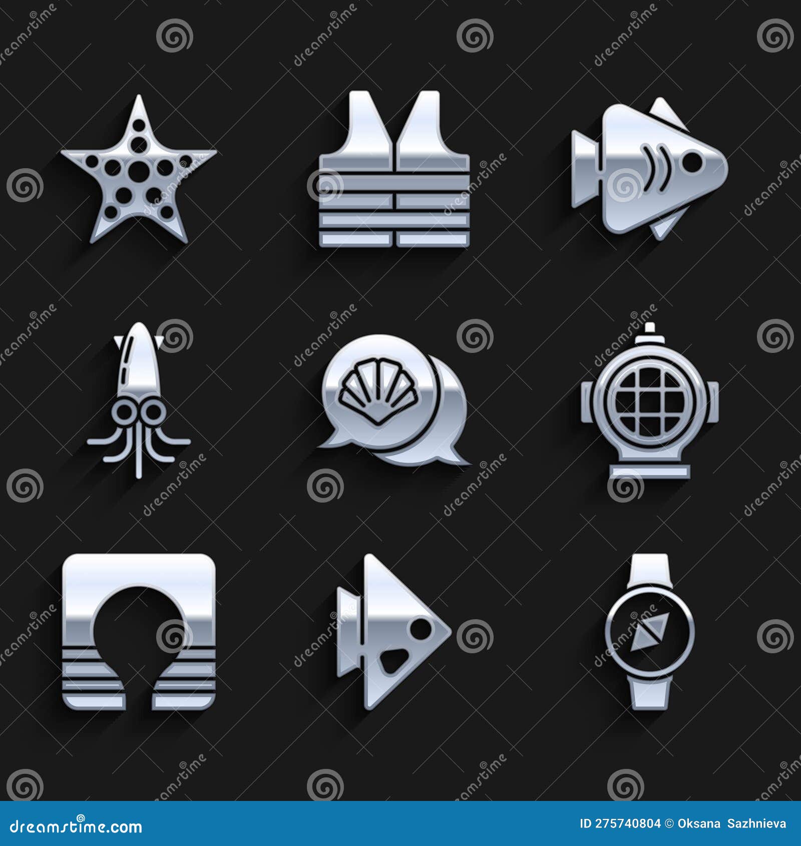 Set Scallop Sea Shell, Fish, Compass, Aqualung, Life Jacket, Octopus ...