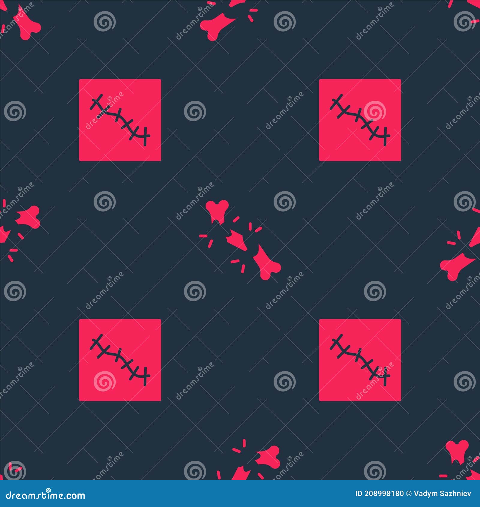 Set Scar with Suture and Human Broken Bone on Seamless Pattern. Vector ...