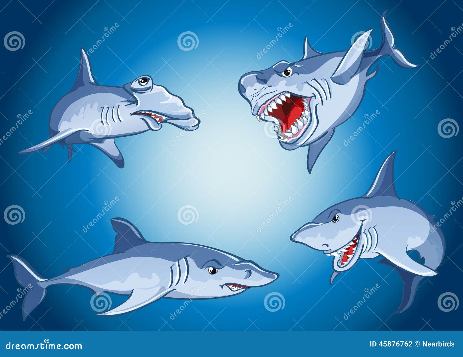 Set Of Scary Sharks In Cartoon Style Vector Illustration ...