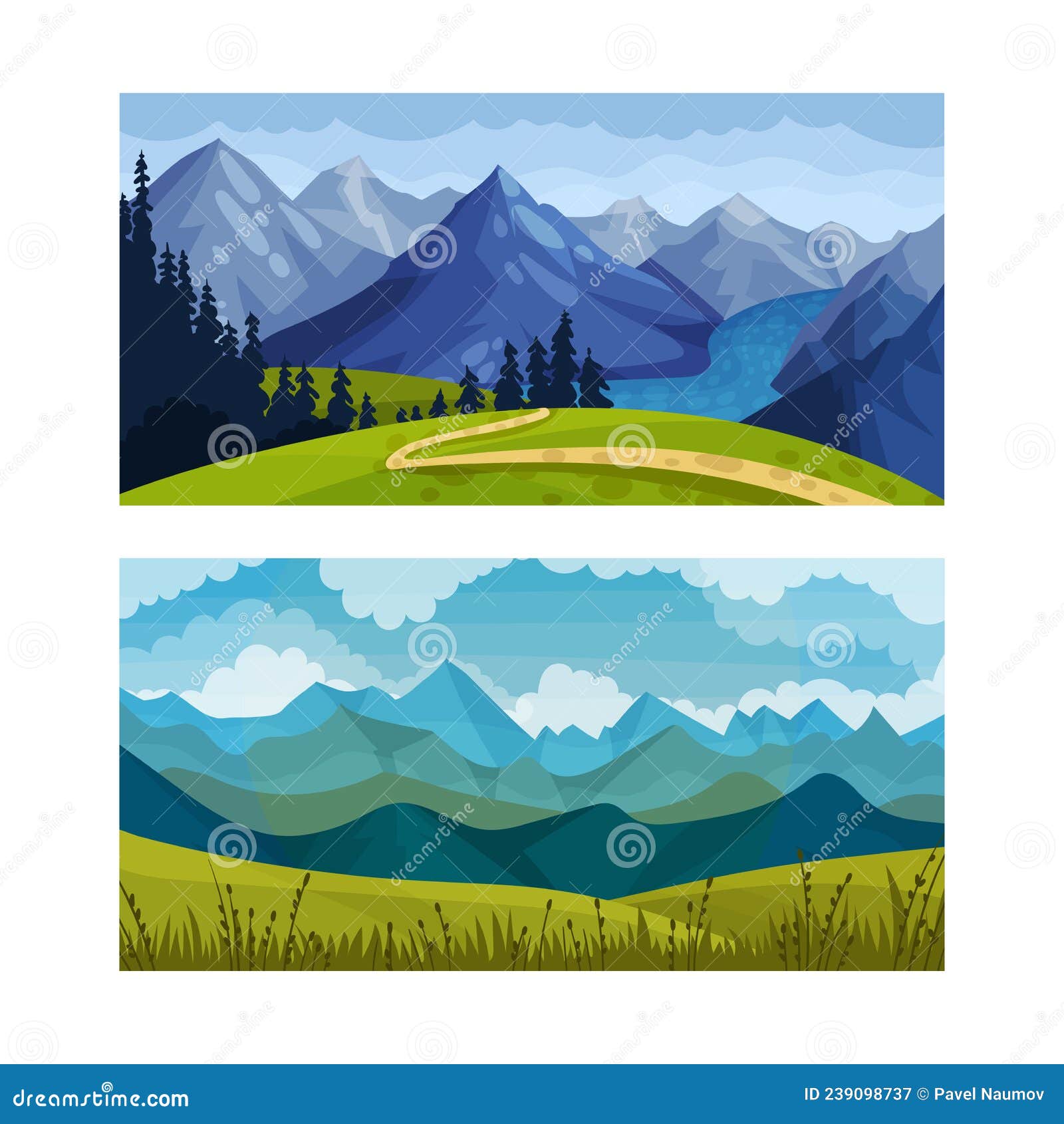 Set of Scenic Summer Mountain Landscape Vector Illustration Stock ...