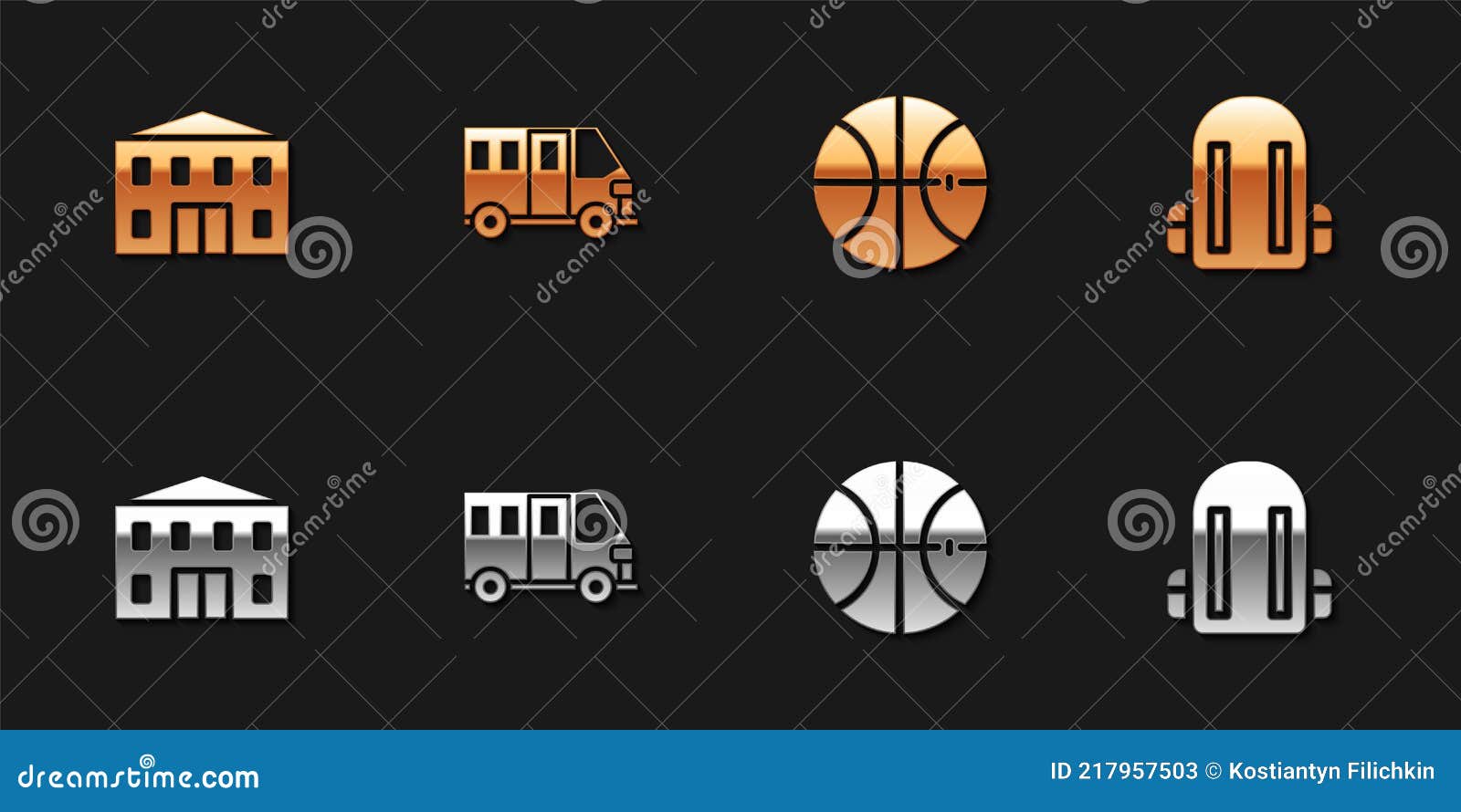 Set School Building, Bus, Basketball Ball and Backpack Icon. Vector ...