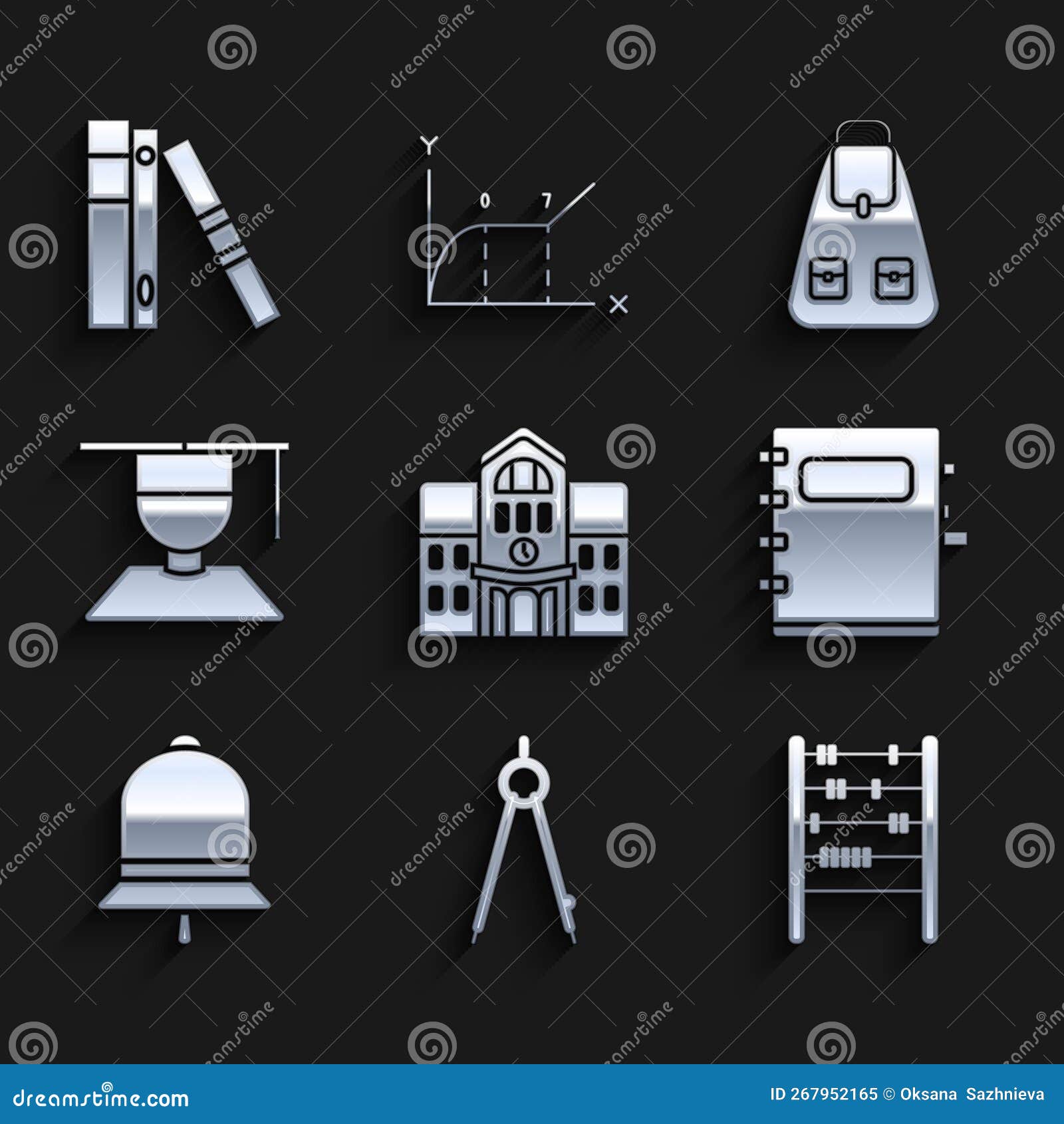 Set School Building, Drawing Compass, Abacus, Notebook, Ringing Bell ...