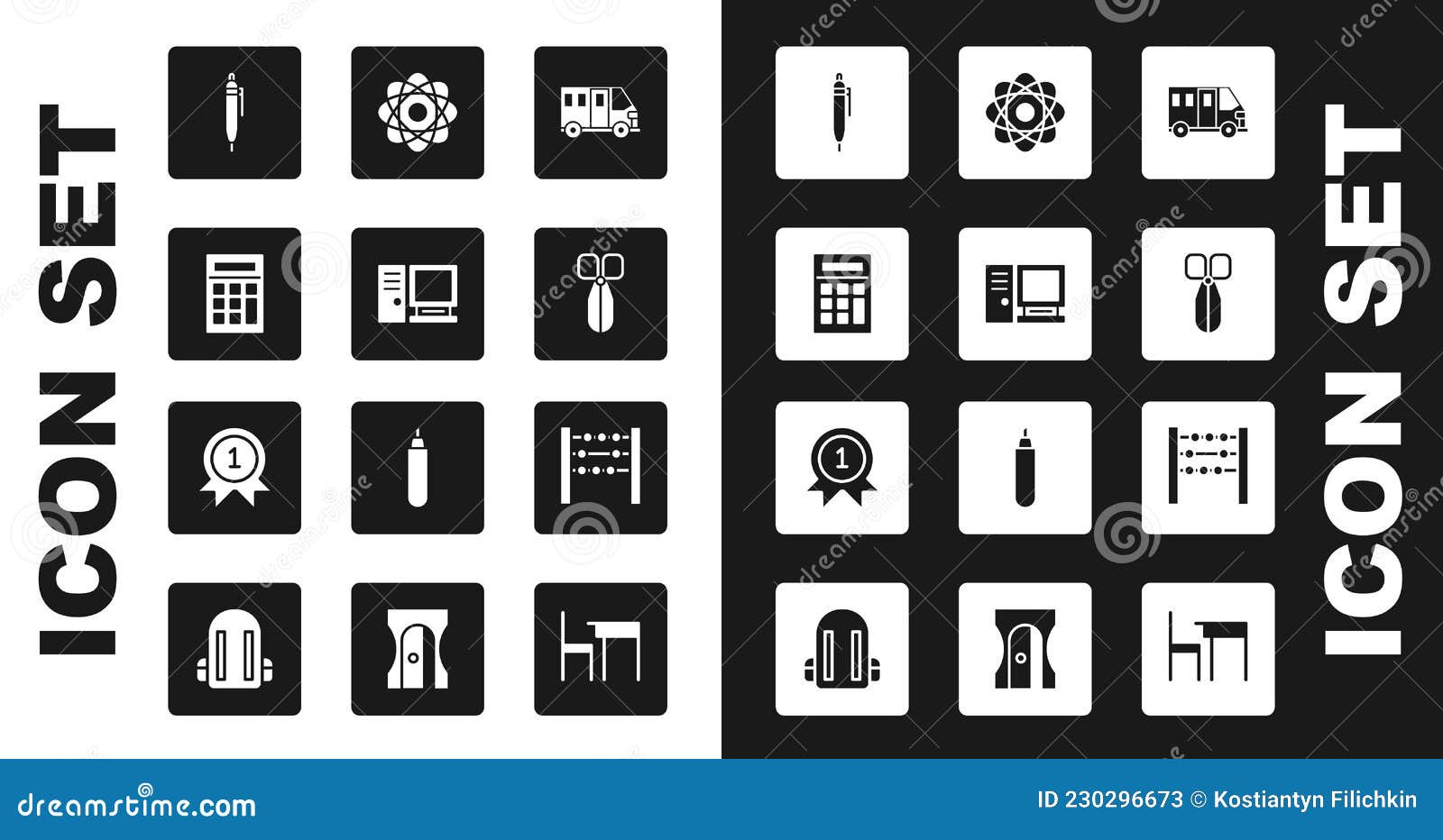 Set School Bus, Computer Monitor, Calculator, Pen, Scissors, Atom ... Set School Bus, Computer Monitor, Calculator, Pen, Scissors, Atom ...