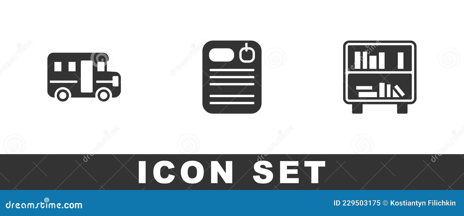 Set School Bus, Dossier Folder and Shelf with Books Icon. Vector Stock ...