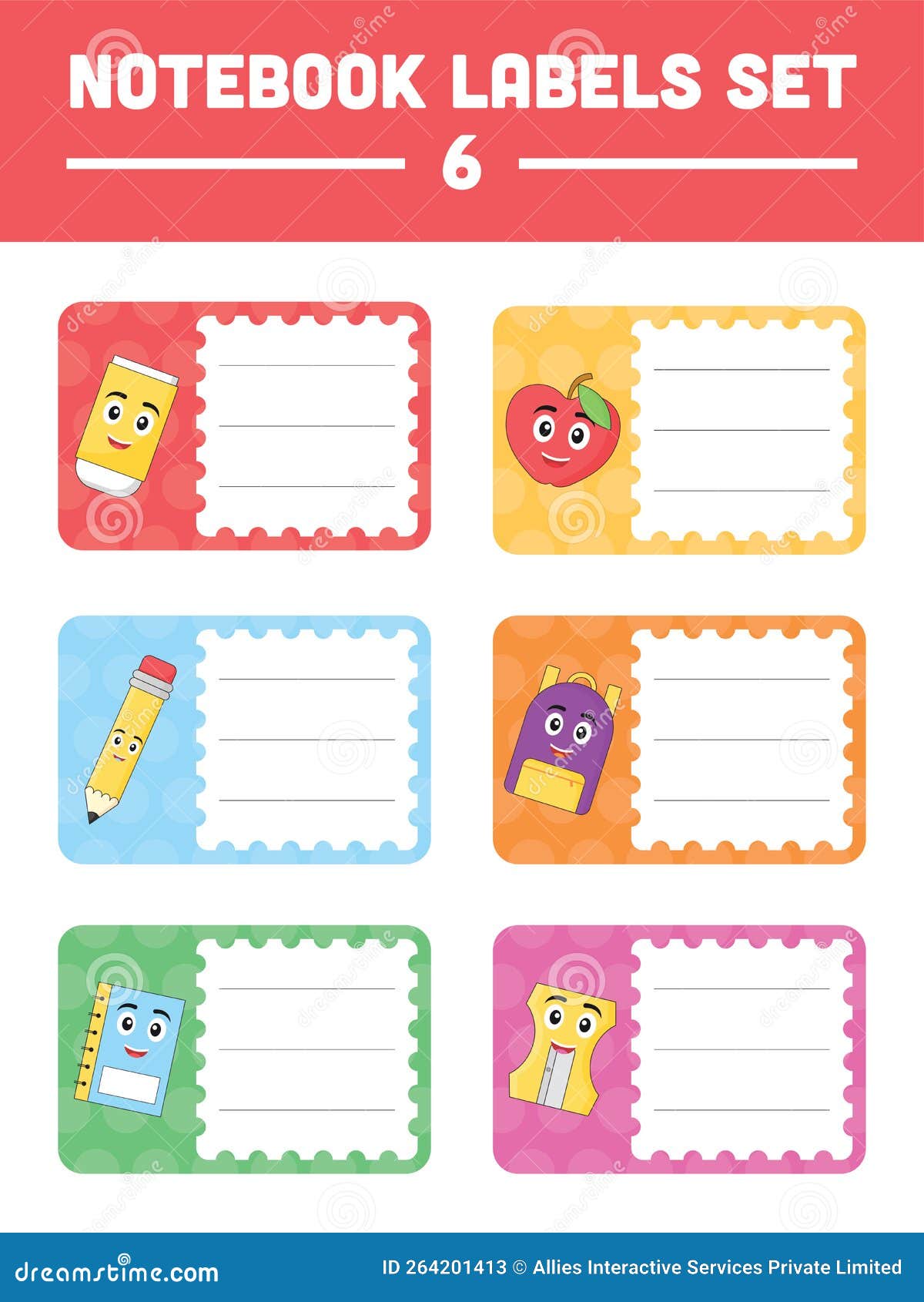 Set of School Character Element with Square Frame for Notebook Label ...