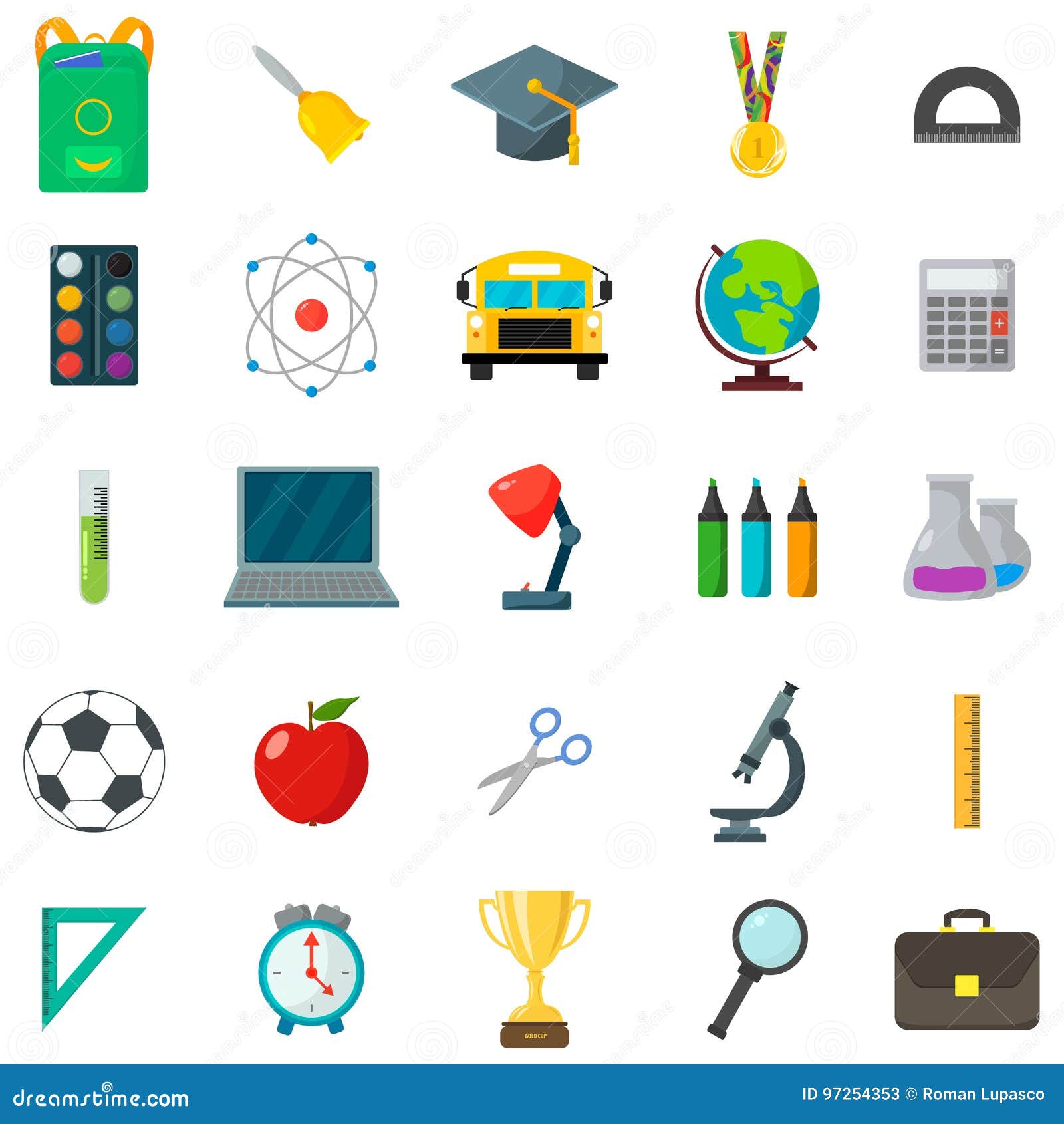 Set of School Icons. Cartoon and Flat Style. White Background. Vector ...