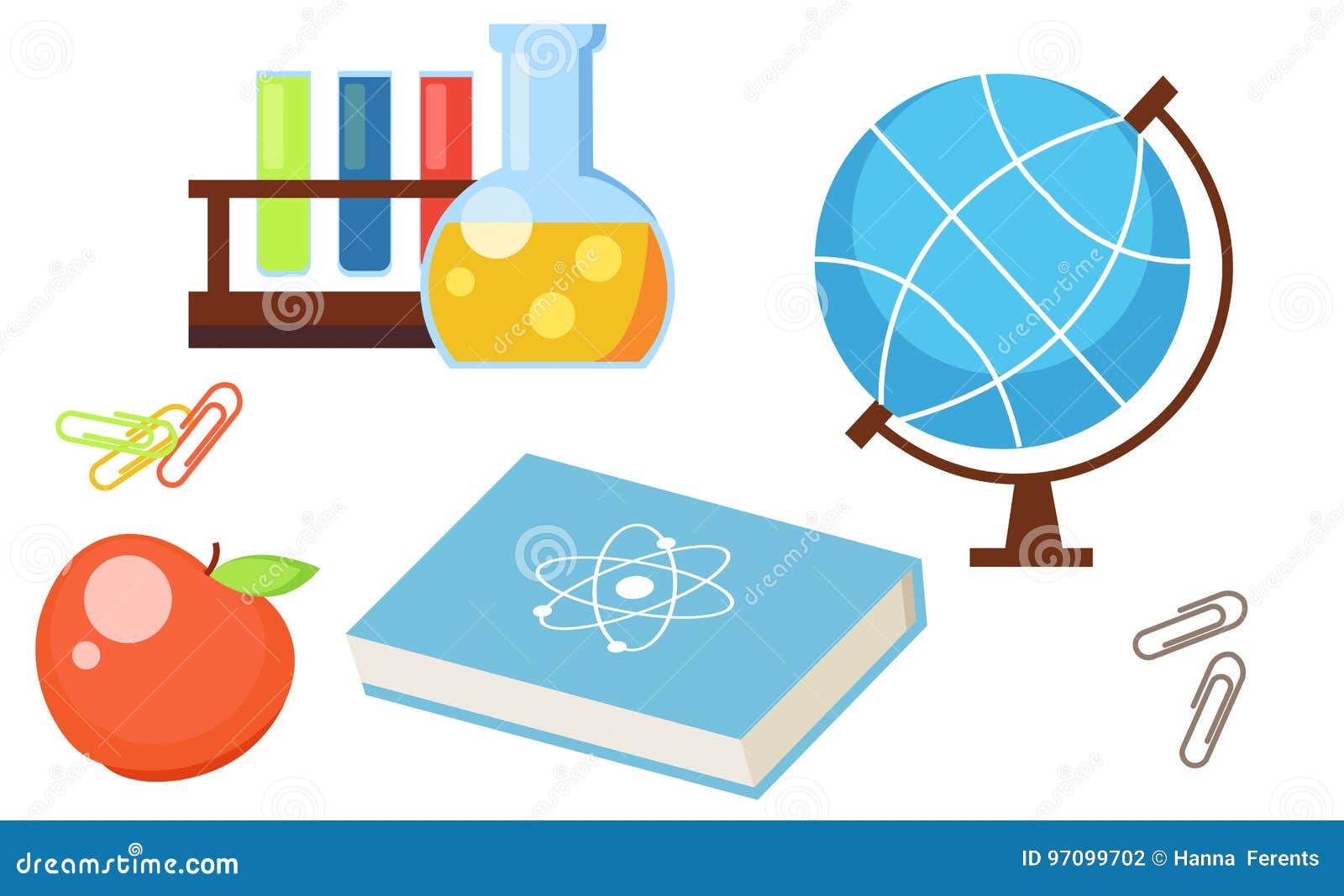 Set from School Objects. Apple, Globe, Test Tubes, Book, Science, Clip ...