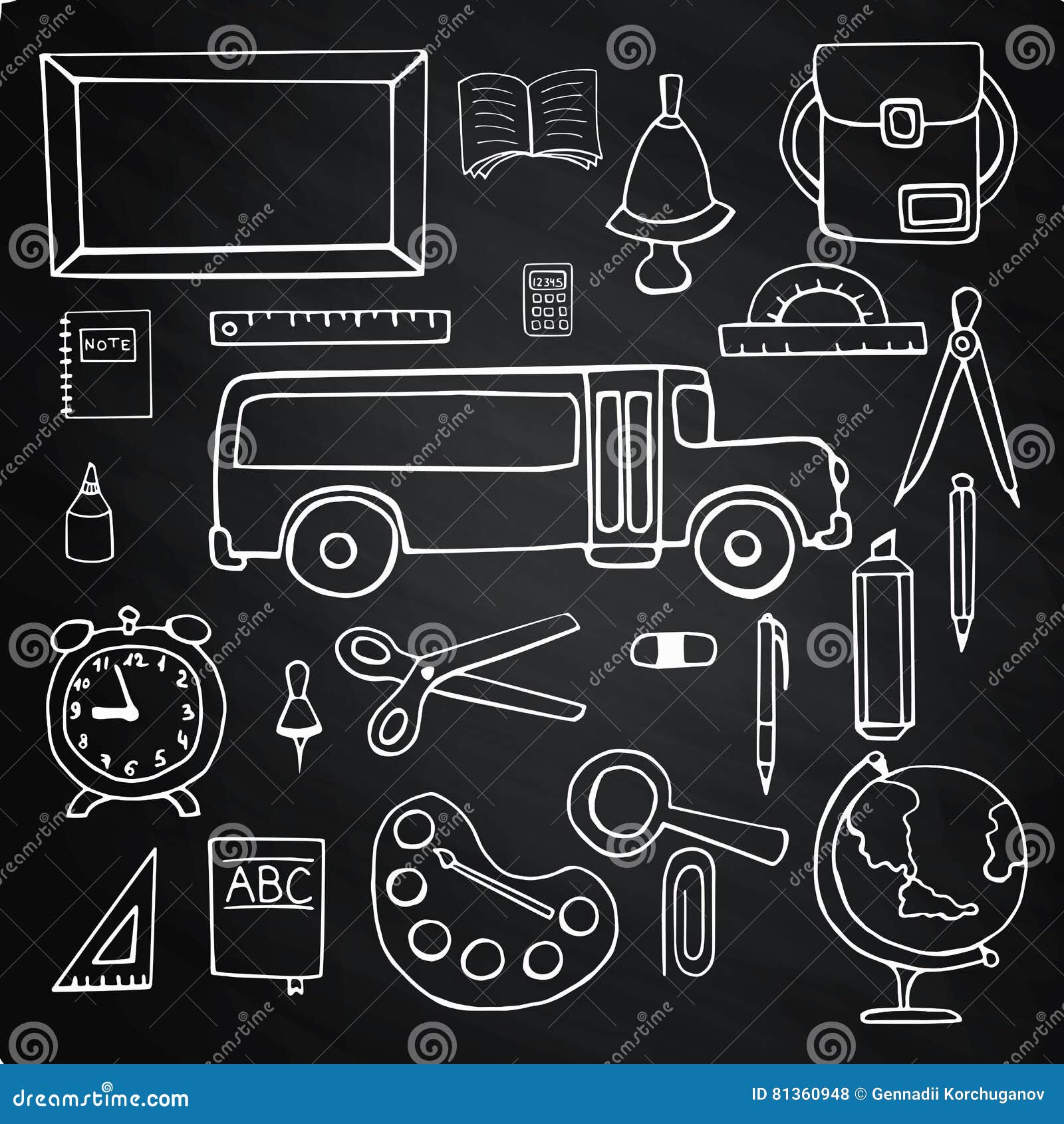 Set of School Symbols, Signs Hand Drawn on Chalk Board Stock Vector ...