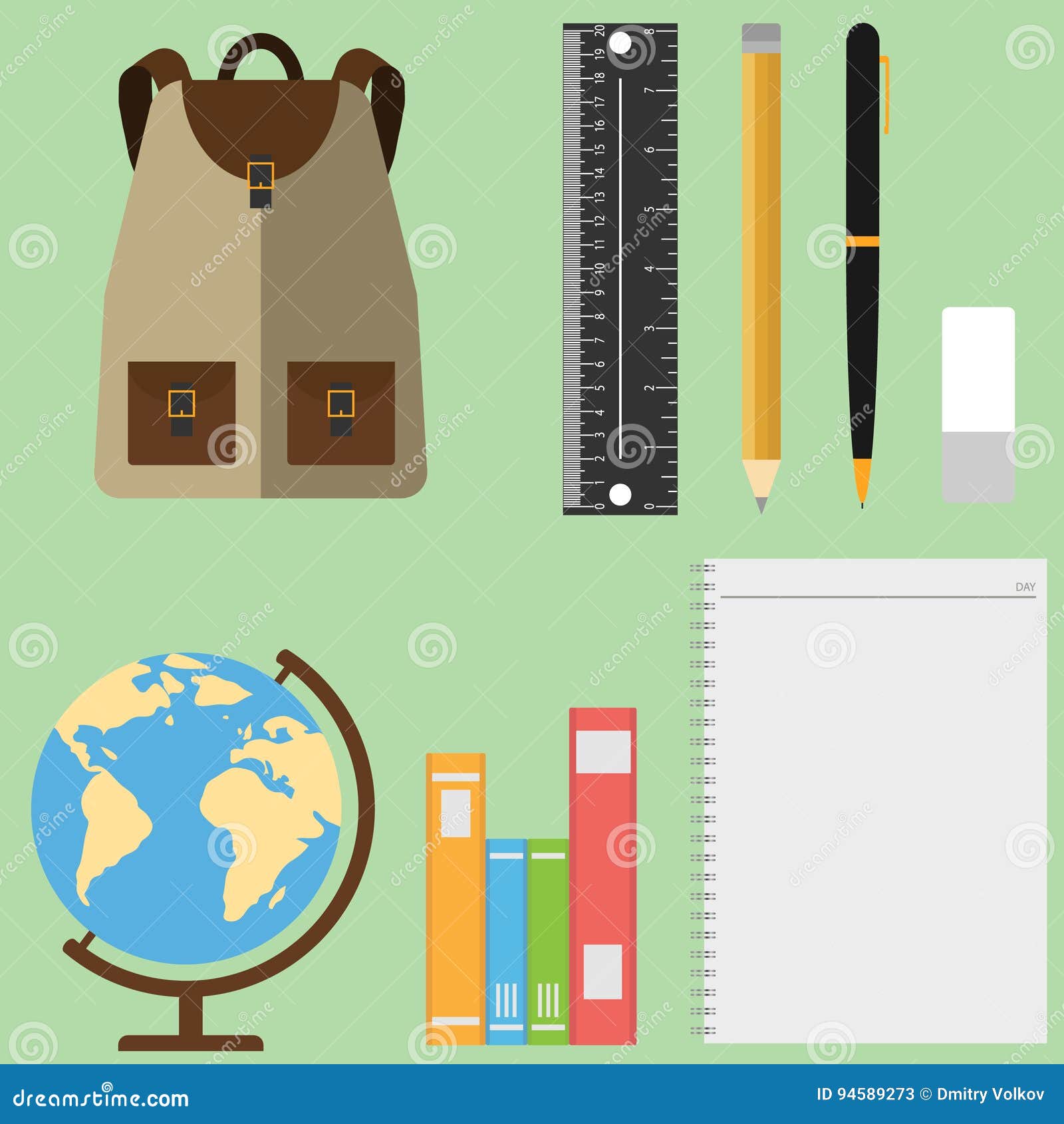A Set of Schoolboy, Globe, Backpack, Textbooks, Pencils Stock Vector ...