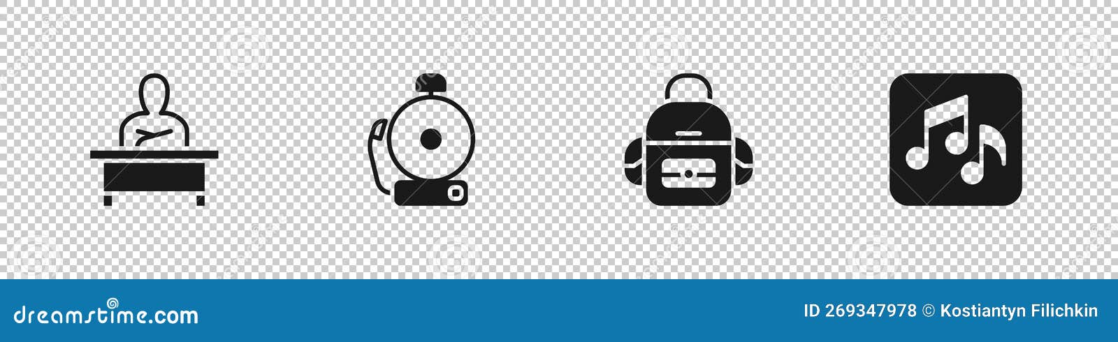 Set Schoolboy Sitting At Desk, Ringing Alarm Bell, Backpack And Music ...