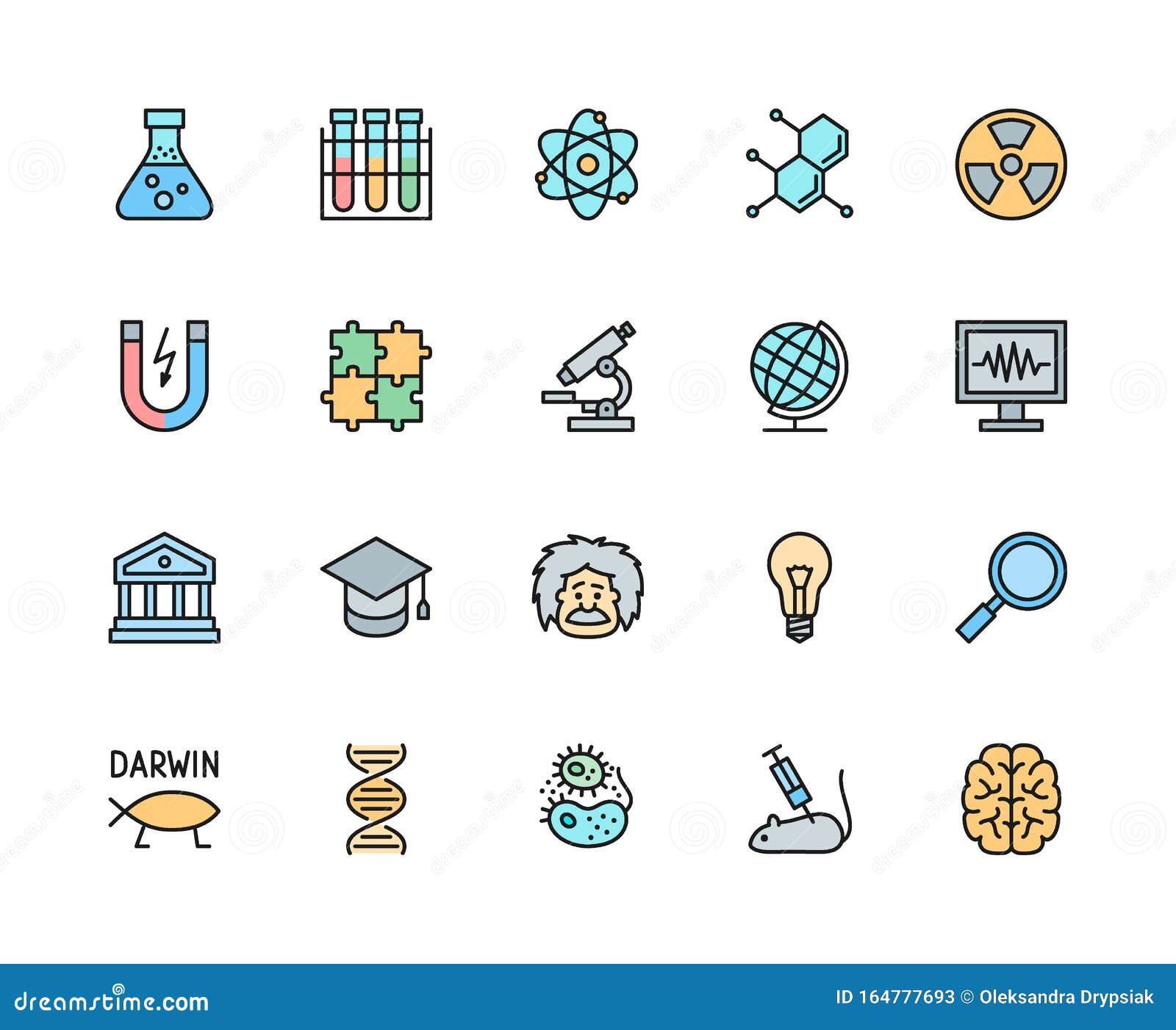 Set of Science Color Line Icons. School Globe, Evolution, DNA, Bacteria ...
