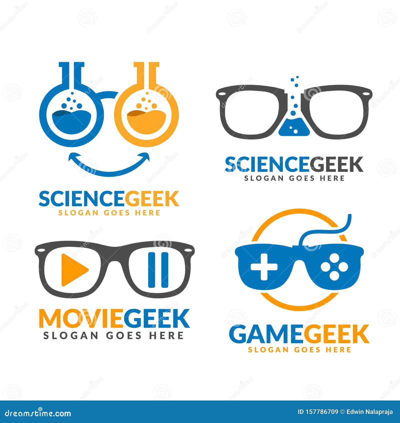 Set of Science Geek and Movie Geek and Game Geek Logo Template Stock ...
