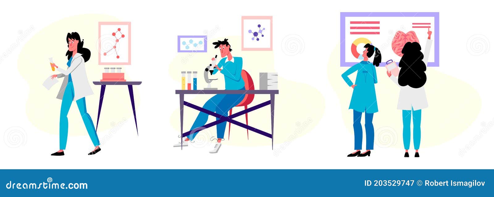 Set Of Scientists Working With Microscope In Laboratory Cartoon Vector ...