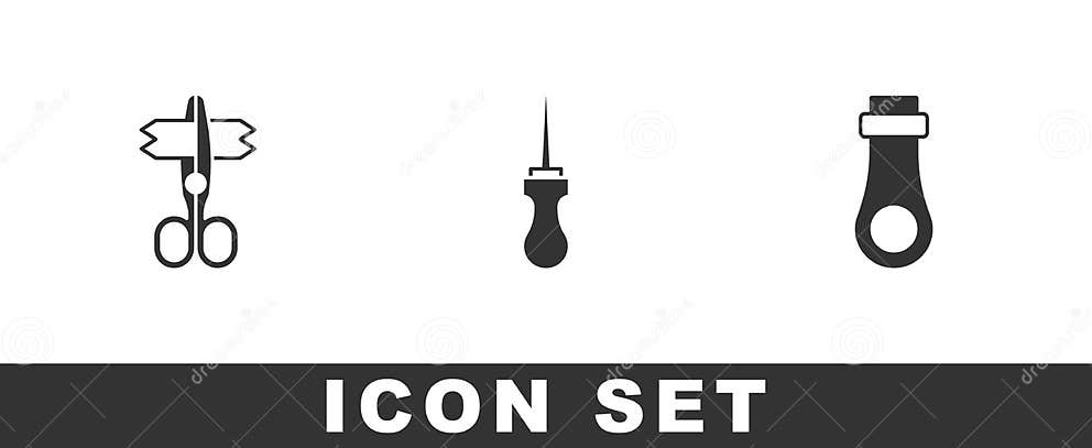 Set Scissors, Awl Tool and Zipper Icon. Vector Stock Vector ...