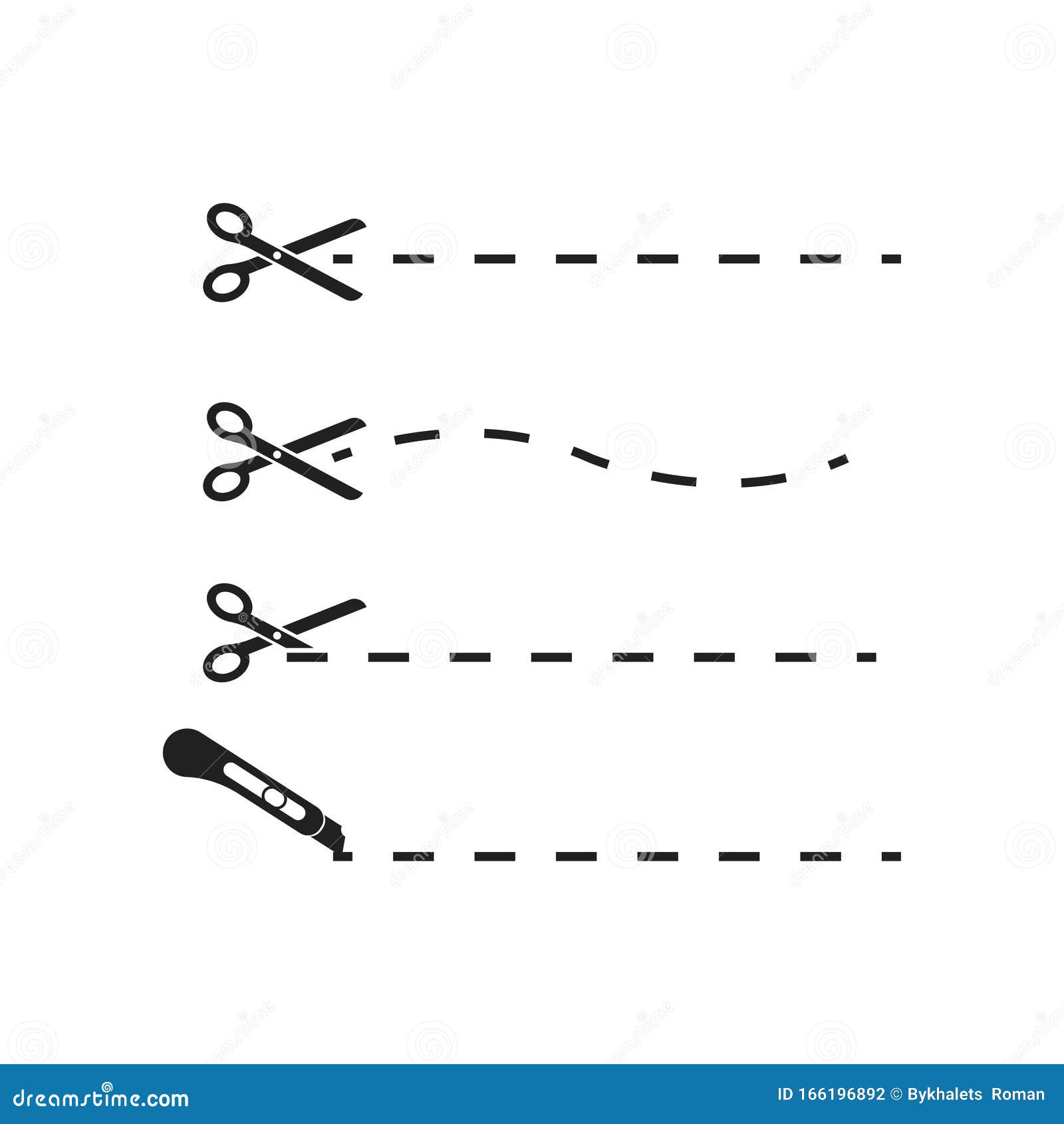 Set of Scissors with Cut Lines. Isolated on White Background. Paper ...