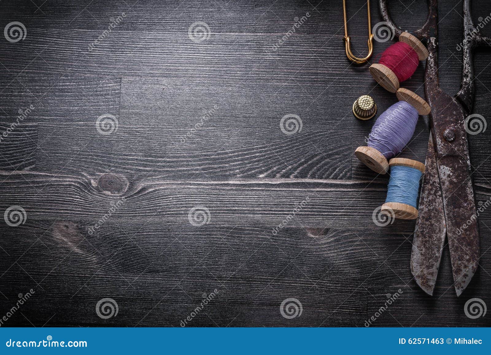 Set of Scissors Thread Spools Thimble Clasp Pin Stock Image - Image of ...