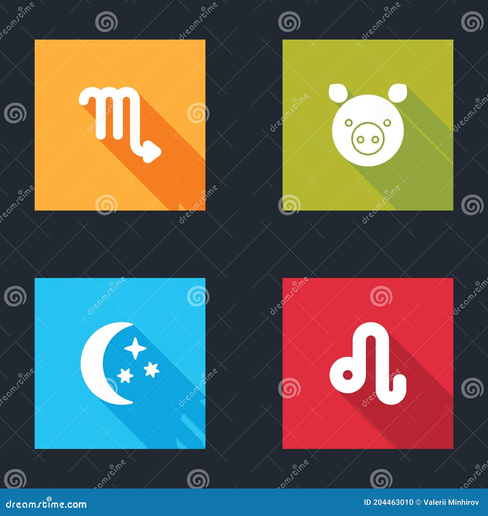Set Scorpio Zodiac, Pig, Moon and Stars and Leo Icon. Vector Stock ...