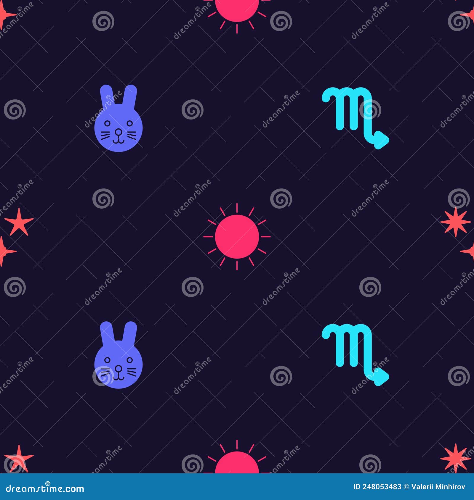 Set Scorpio Zodiac, Rabbit, Sun and Falling Star on Seamless Pattern ...