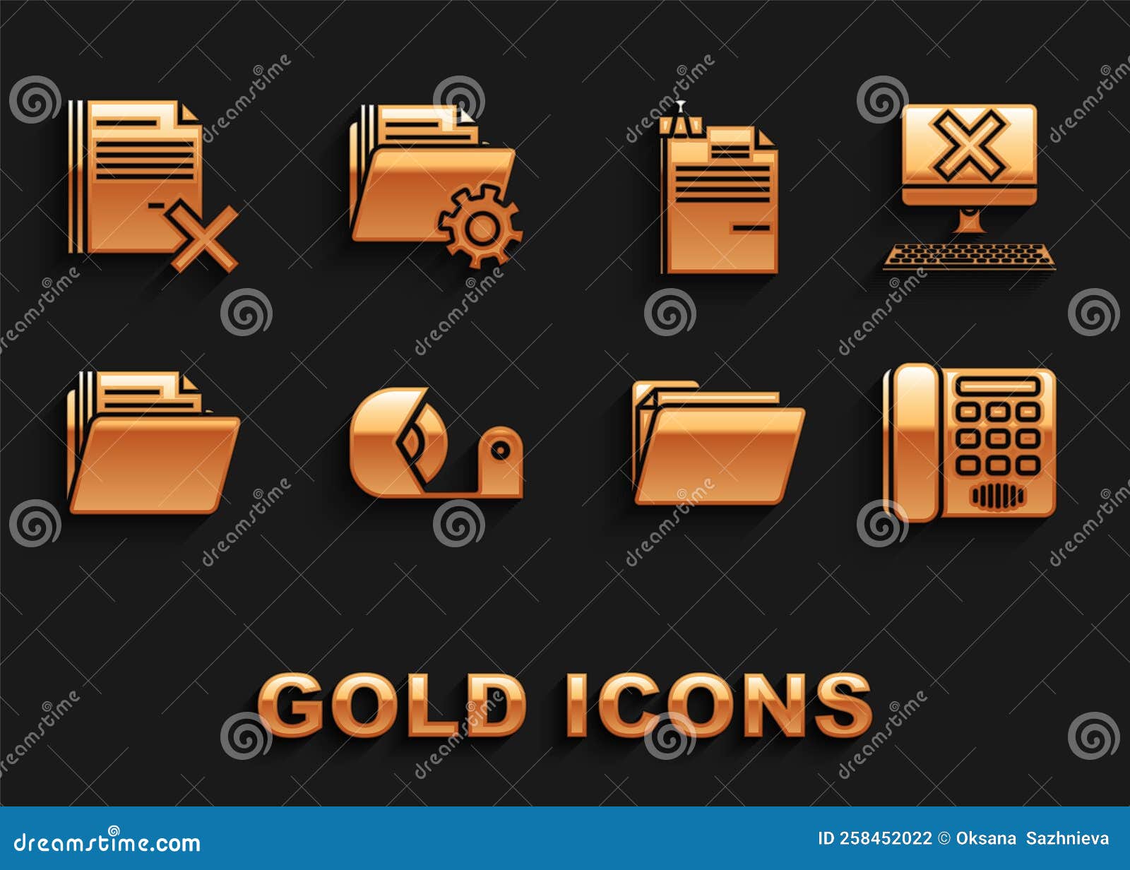 Set Scotch, Computer with Keyboard and X Mark, Telephone, Document Folder, File Document Binder ...