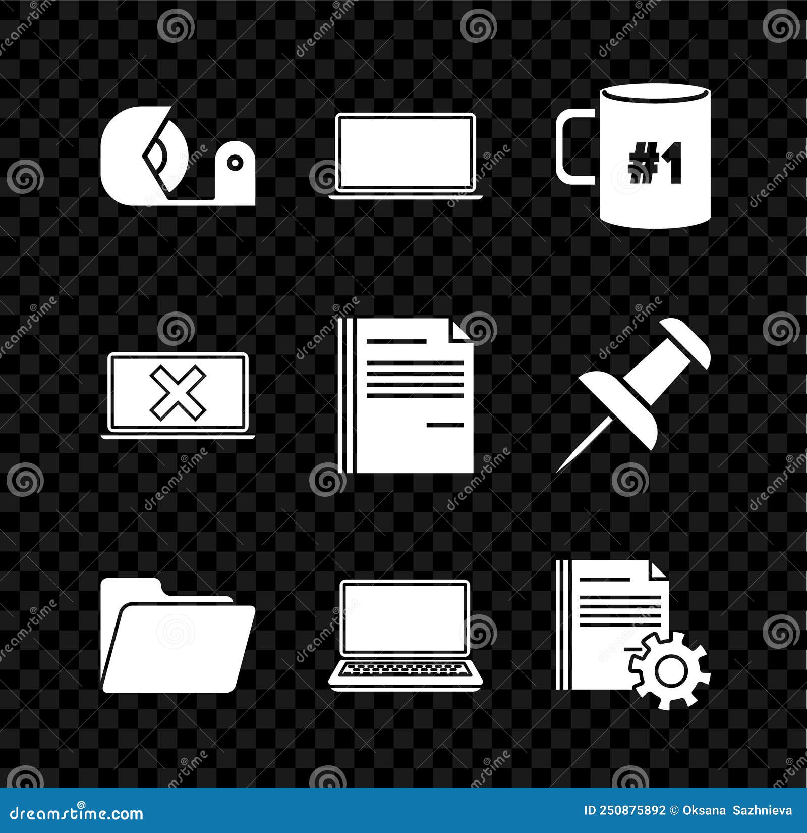 Set Scotch, Laptop, Coffee Cup Flat, Document Folder, Settings with Gears, and Cross Mark on ...
