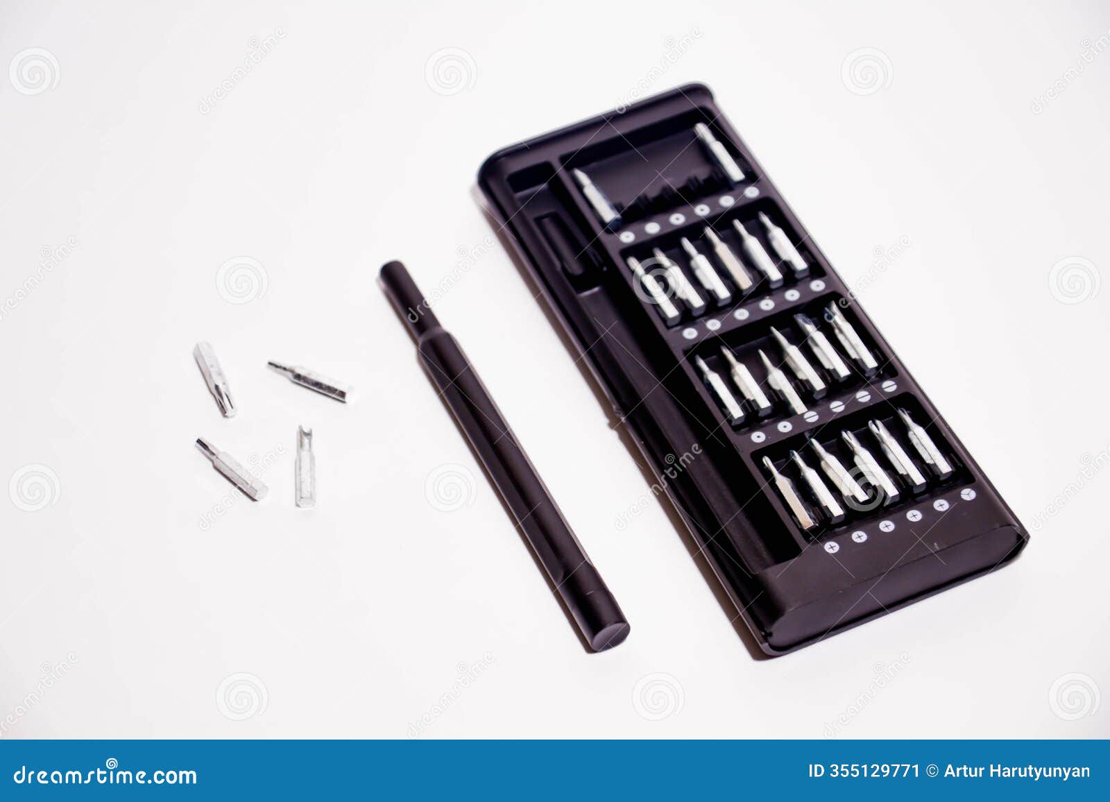 Set of Screwdriver Bits in a Black Box on a White Background. Tools ...