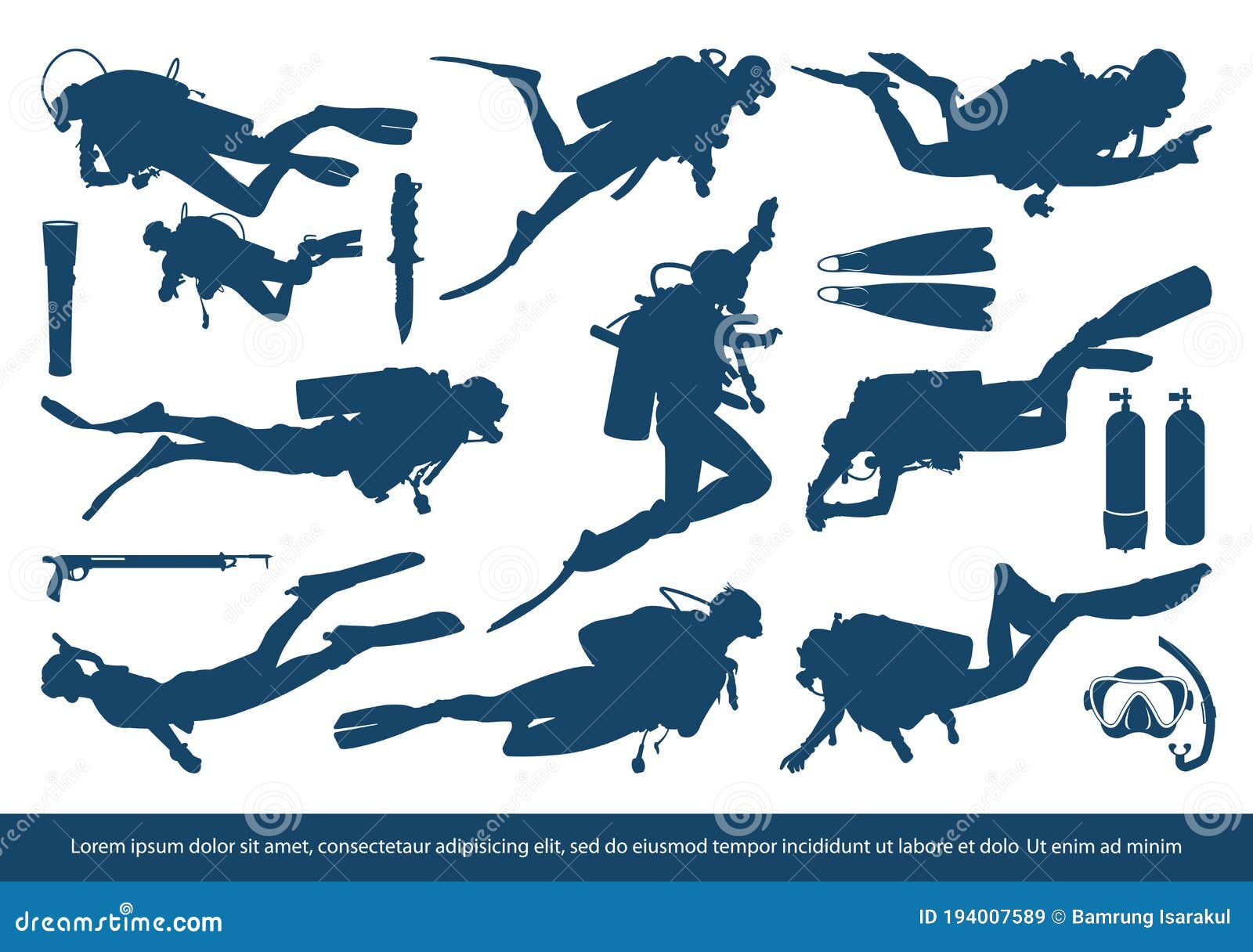Set of Scuba Diver Silhouette Vector Illustration Stock Vector ...