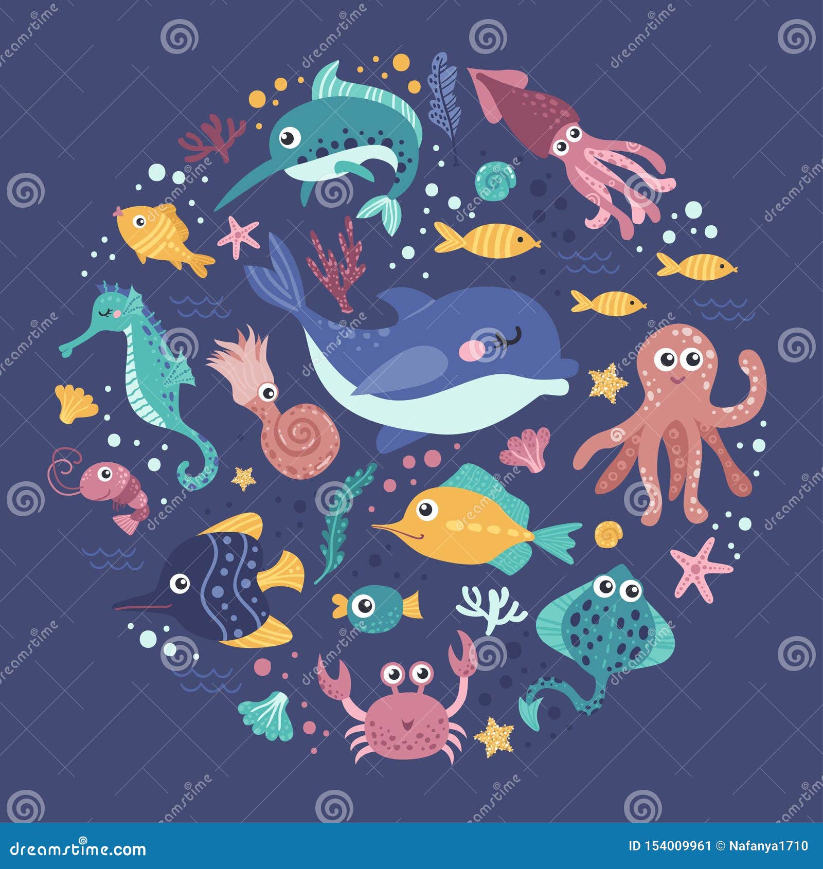 Set of sea animals stock vector. Illustration of collection - 154009961