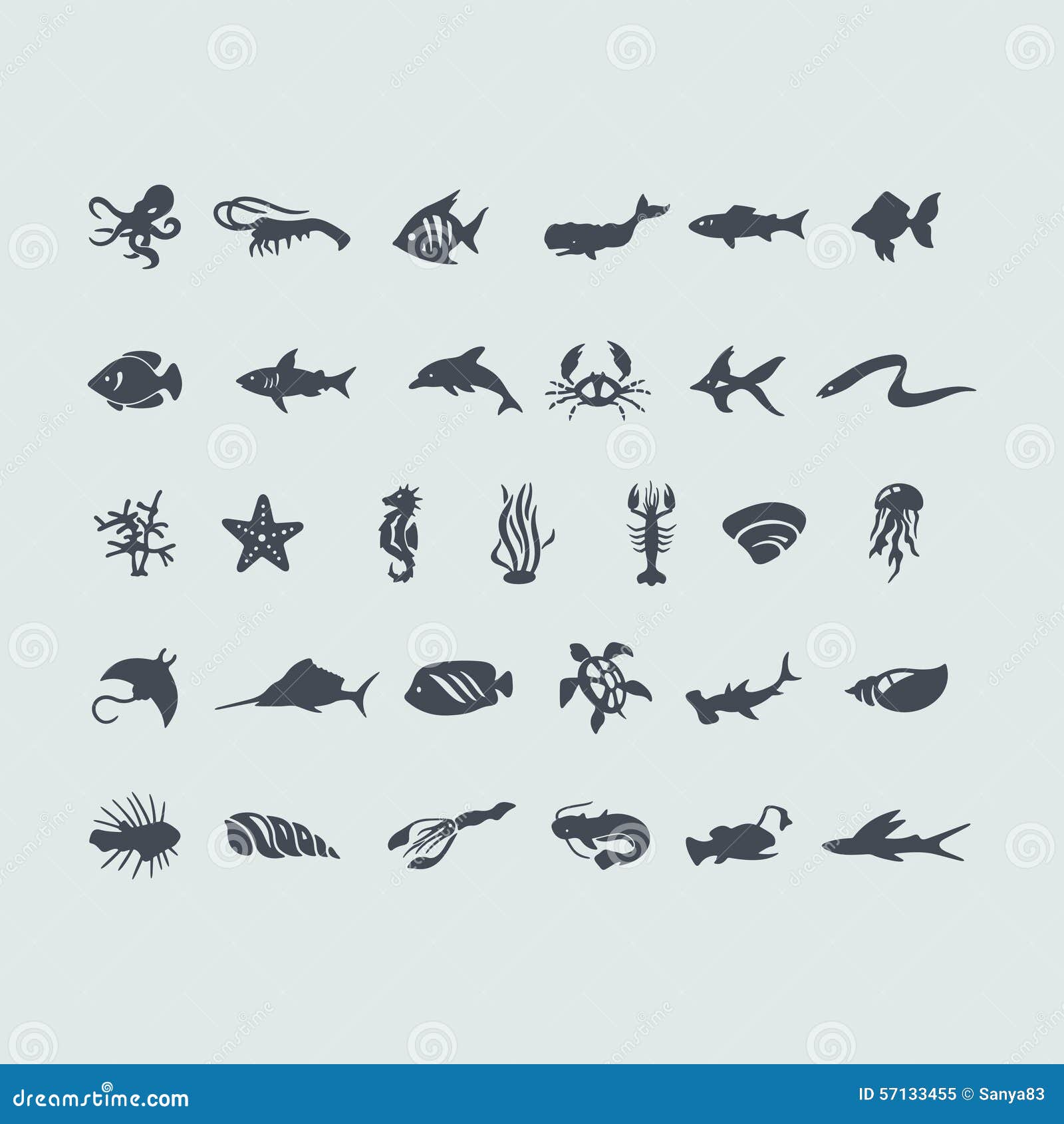 Set of sea animals icons stock vector. Illustration of color - 57133455