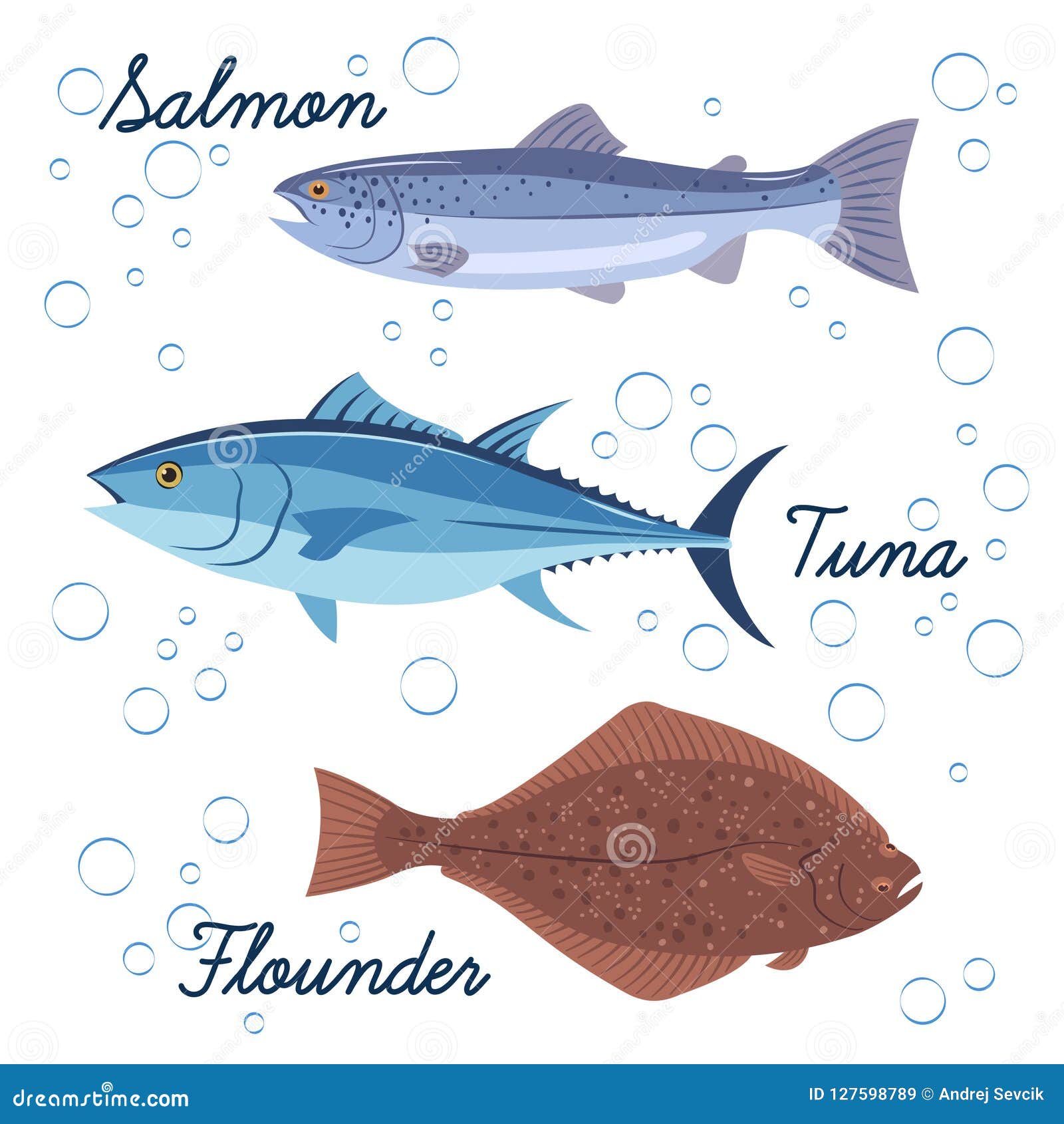 Set of Sea Fish. Vector Isolated Icons of Fish. Salmon, Tuna and Flat ...